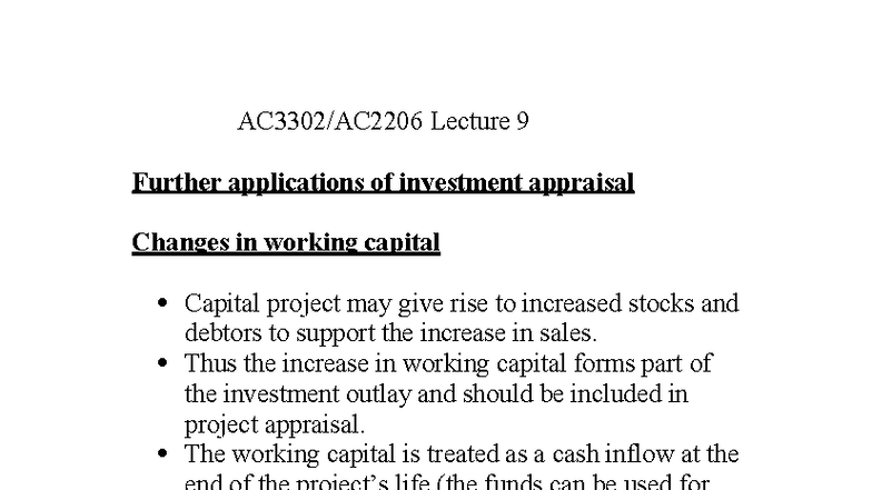 Lecture 9: Investment Appraisal & Working Capital Analysis - Studocu