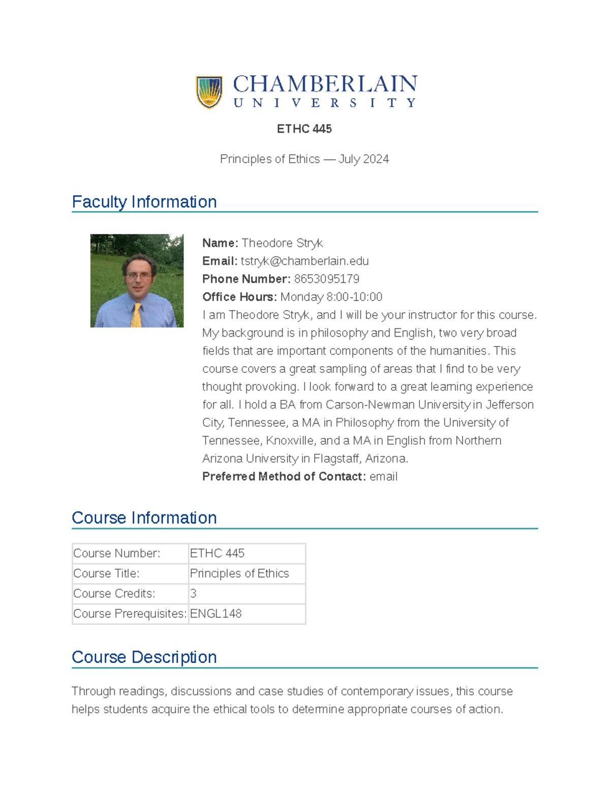 Syllabus for ETHC 445: Principles of Ethics - July 2024 - Studocu
