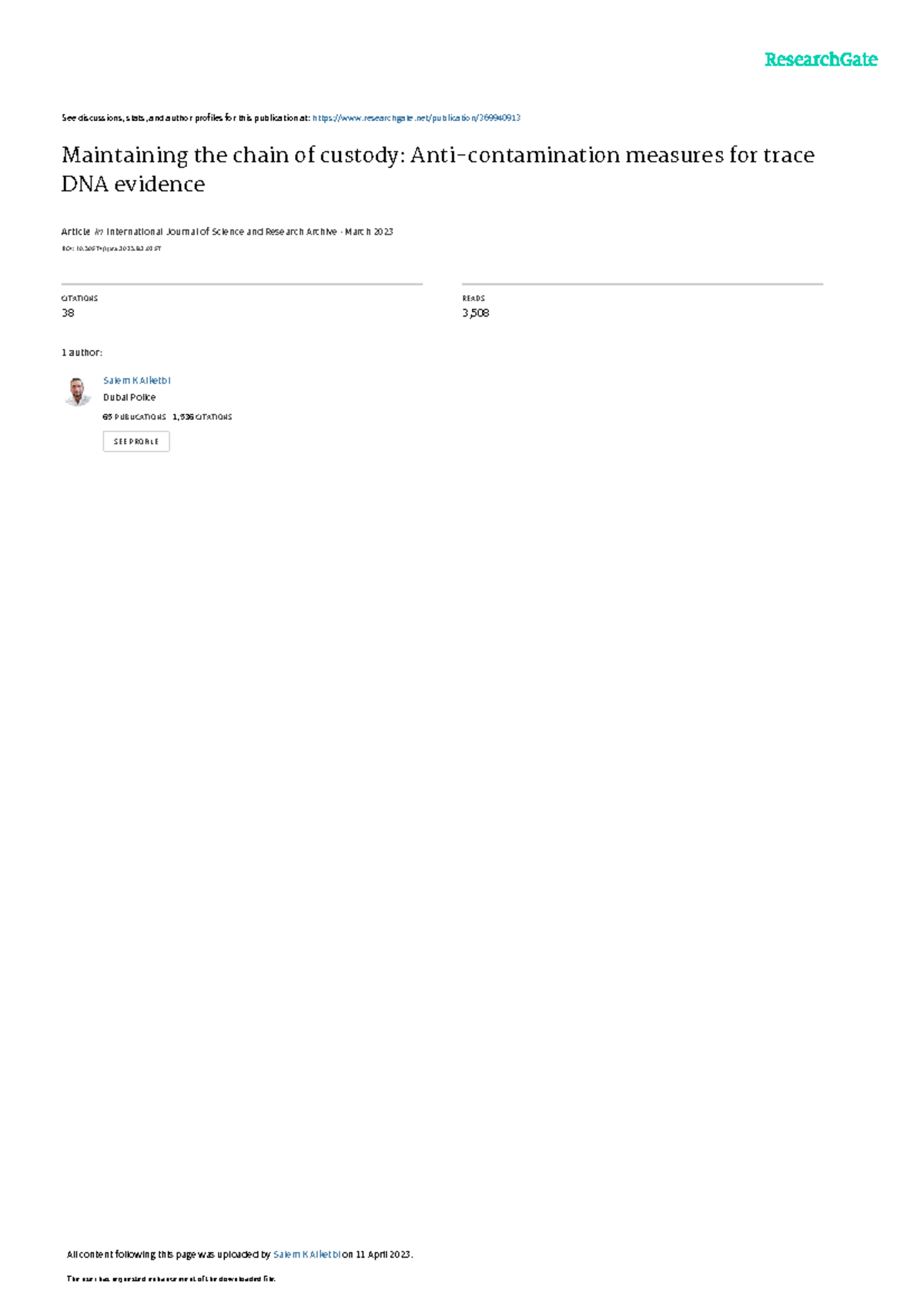 Maintaining Chain of Custody: Anti-Contamination for Trace DNA Evidence ...