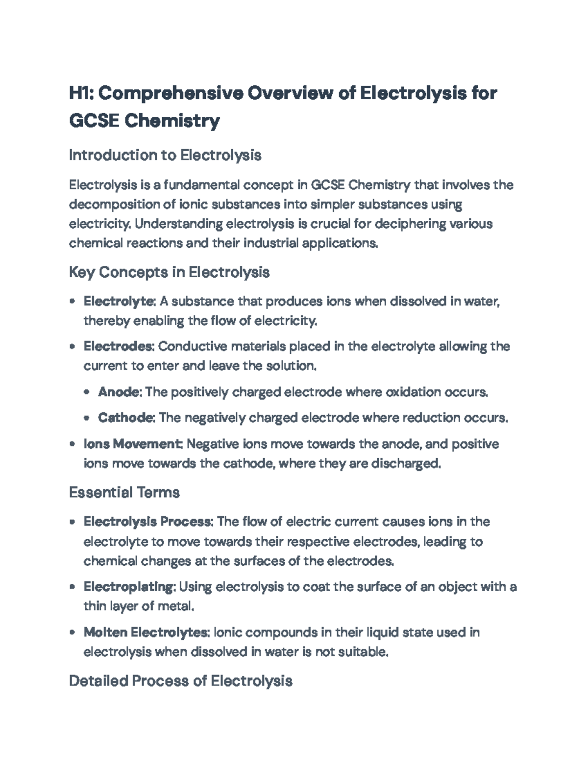 GCSE Chemistry: Comprehensive Guide to Electrolysis Concepts - Studocu