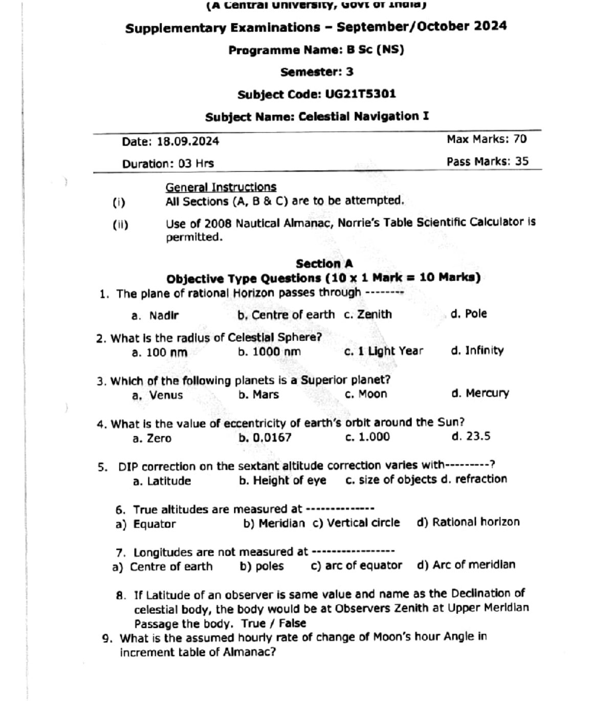 B Sc (NS) Semester 3 - Celestial Navigation I Exam Questions & Answers ...