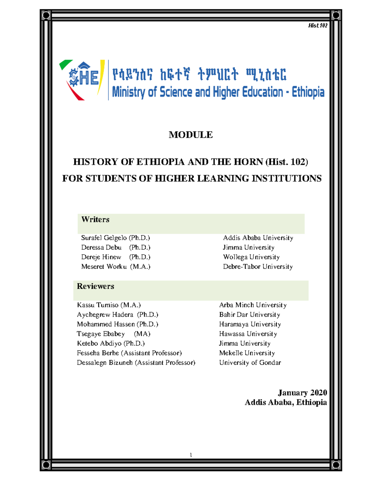 History of Ethiopia and the Horn (Hist. 102) - Comprehensive Module ...