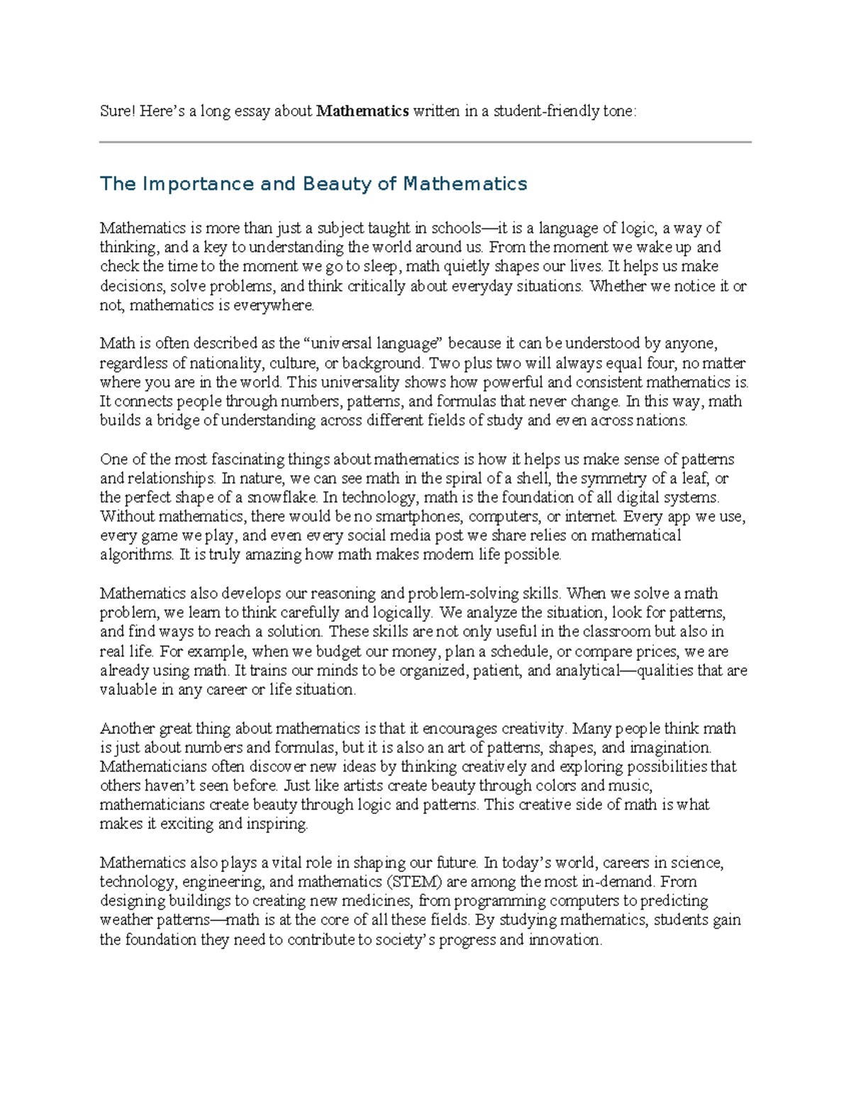 Mathematics Essay: The Importance and Beauty of Math - Studocu