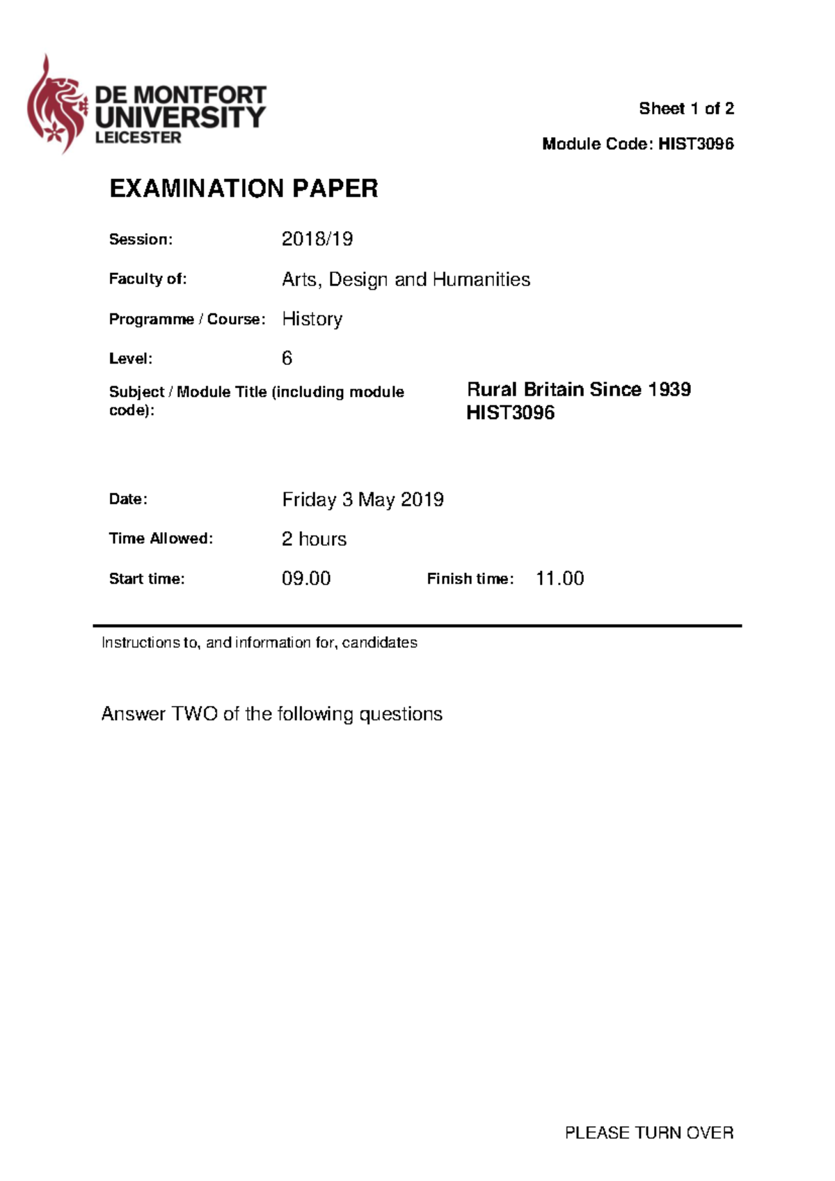 HIST3096 2019 Exam - Sheet 1 of 2 Module Code: HIST PLEASE TURN OVER ...