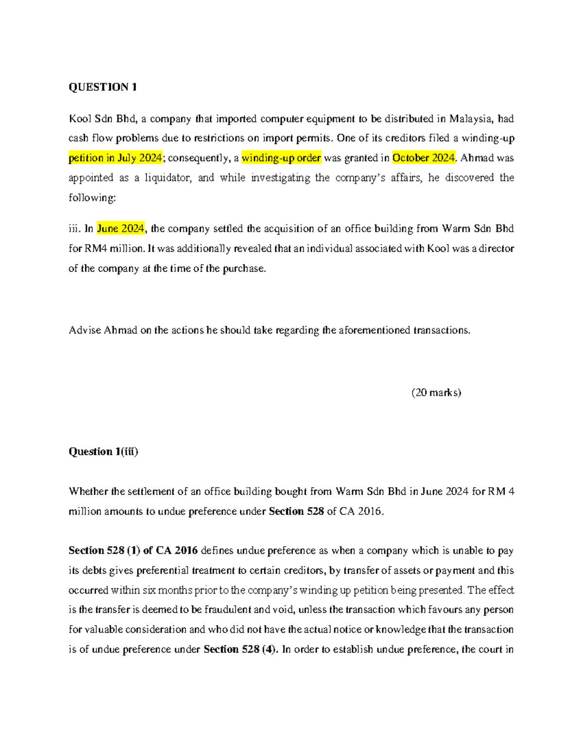 Insolvency II Assignment 1 undue preference - QUESTION 1 Kool Sdn Bhd ...