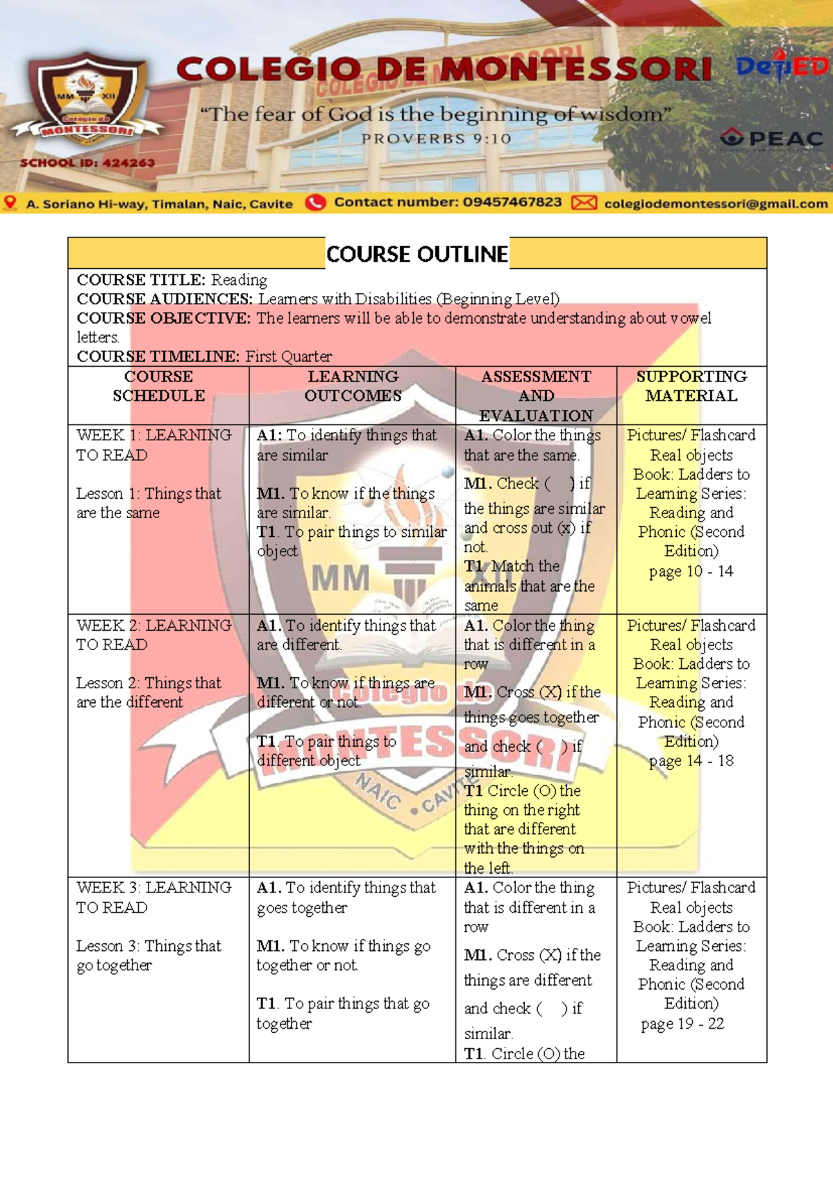 Beginning Level Reading Course Outline for Learners with Disabilities ...