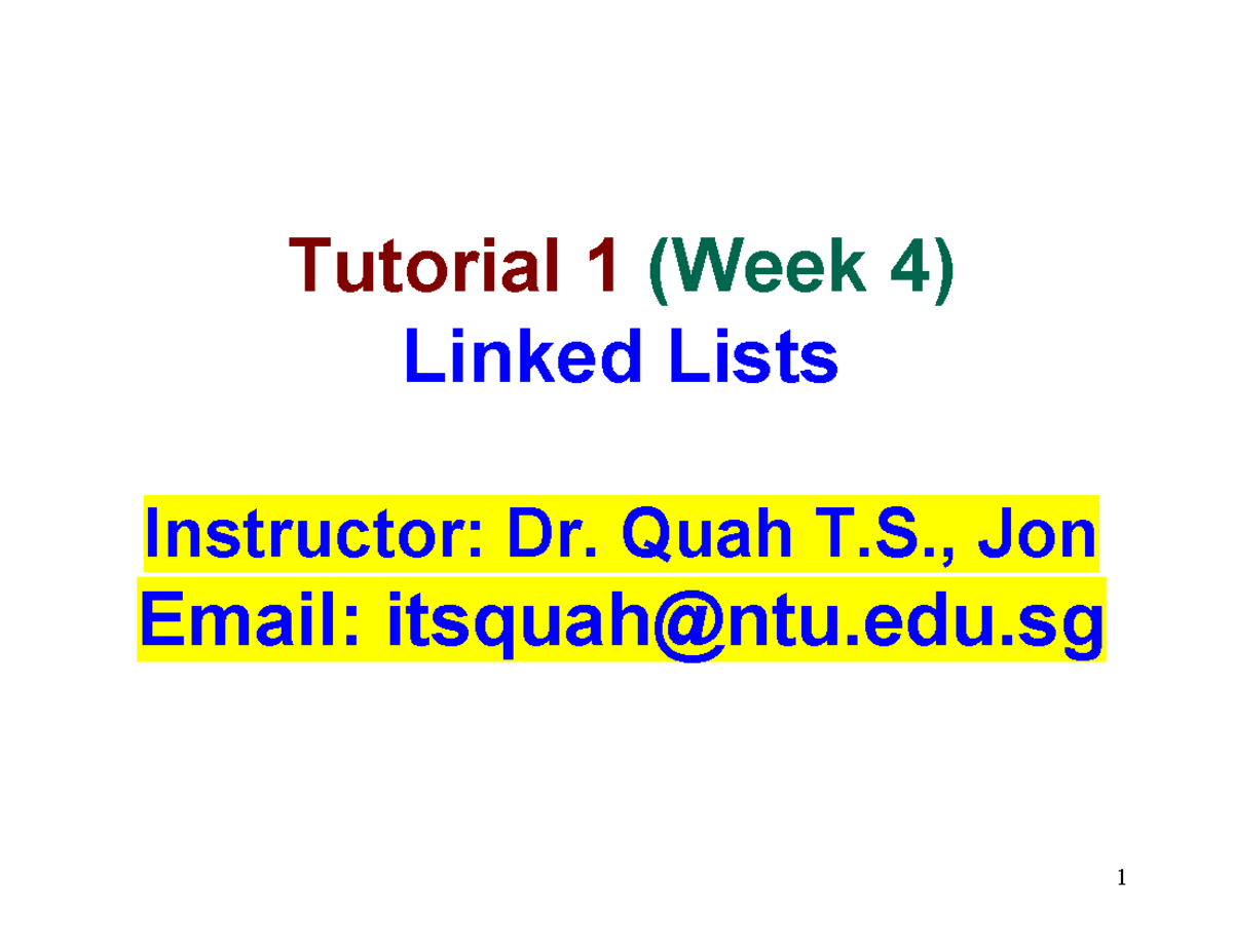 Tutorial 01: Linked Lists Overview and Exercises - Studocu