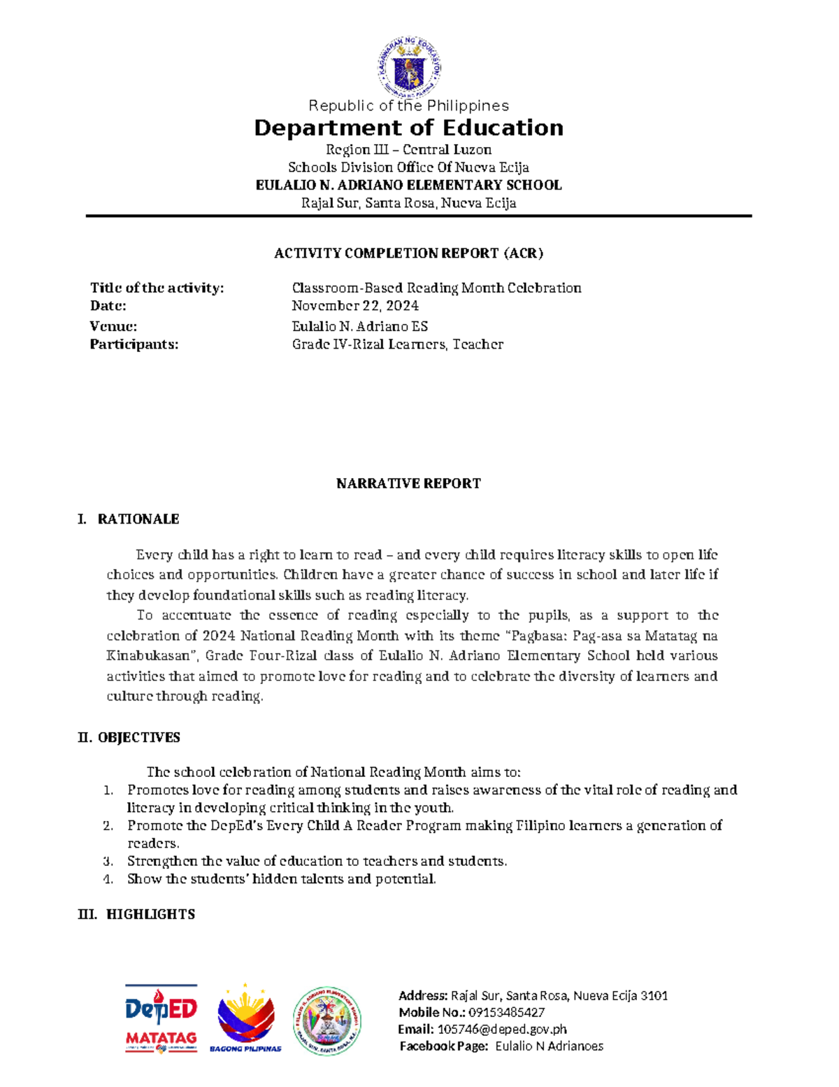 ACR-Classroom-Based Reading Month Celebration Report 2024 - Studocu