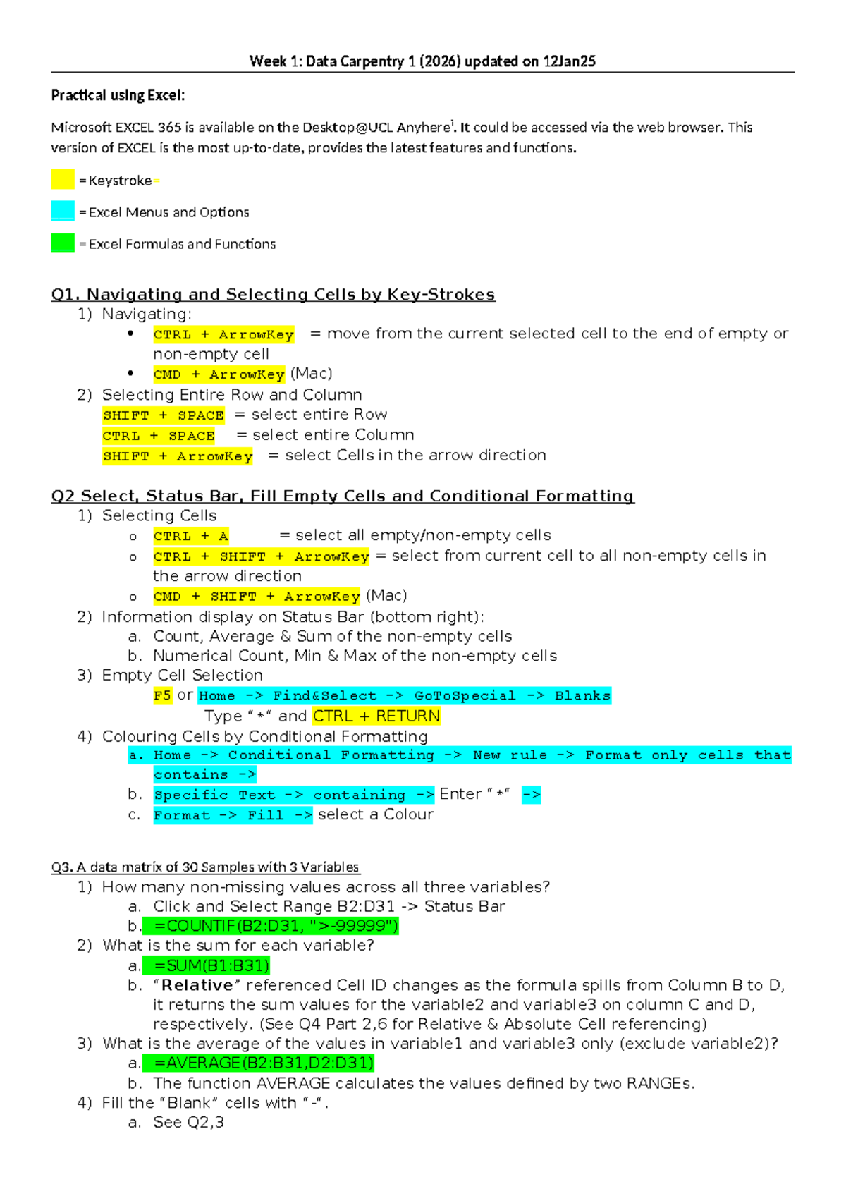 Week 1: Data Carpentry 1 Practical Guide (2026) - Excel 365 - Studocu