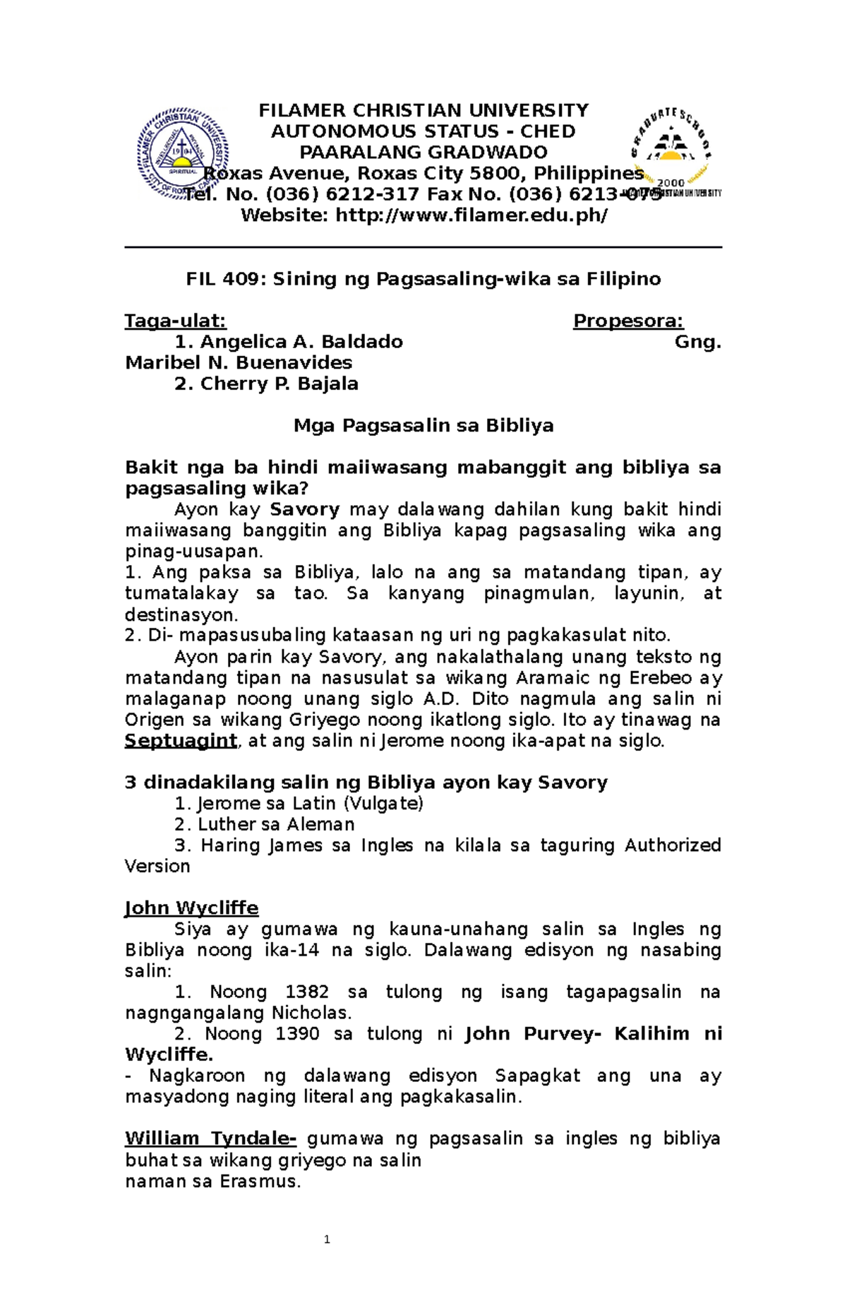 Mga Pagsasalin sa Bibliya para sa FIL409: Sining ng Pagsasaling-wika ...