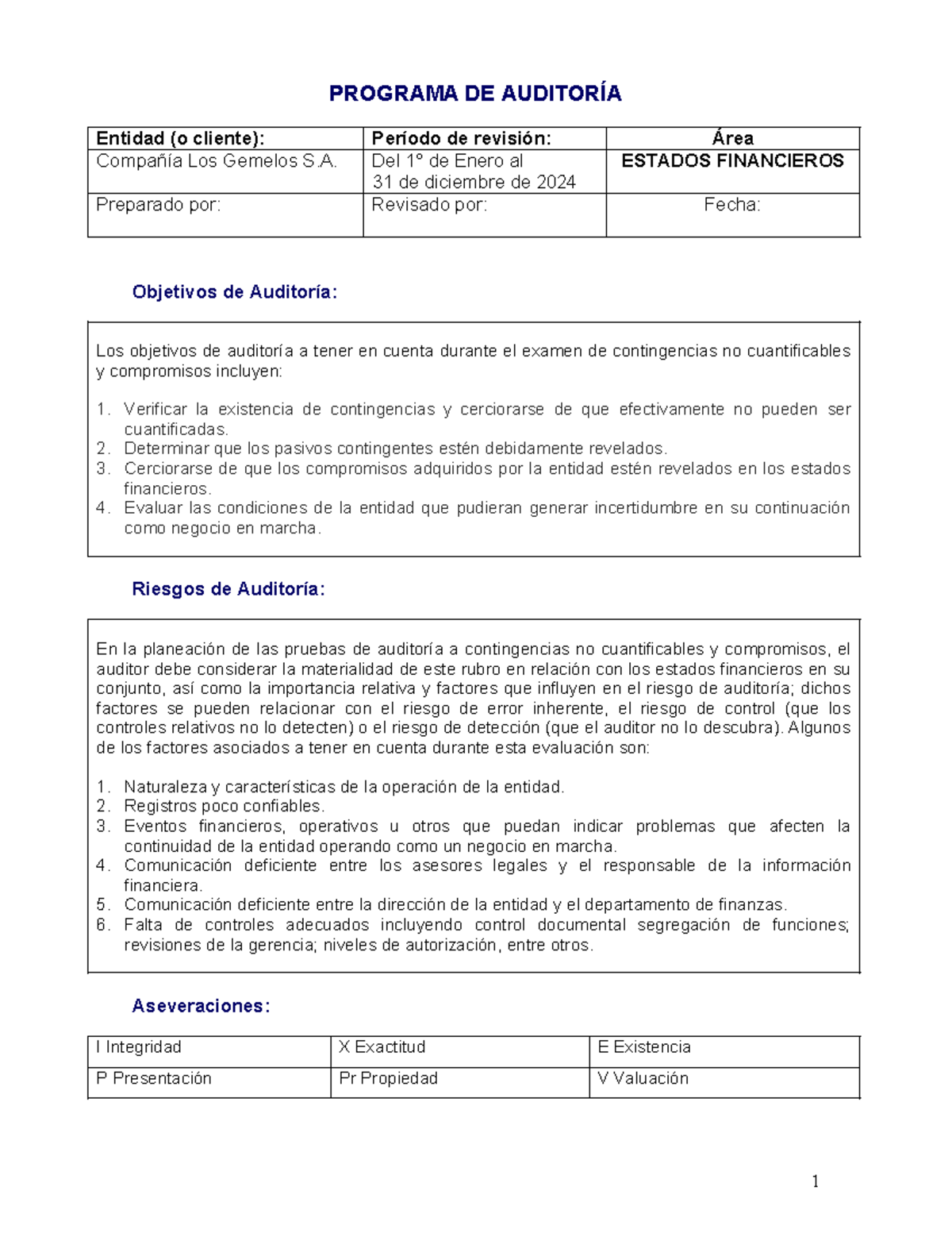 Programa de Auditoría: Contingencias y Compromisos - Compañía Los ...