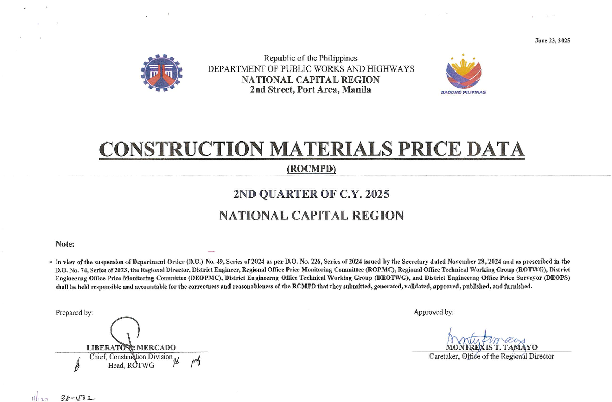 NCR CMPD Approved Construction Materials Price Data Q2 2025 - Studocu