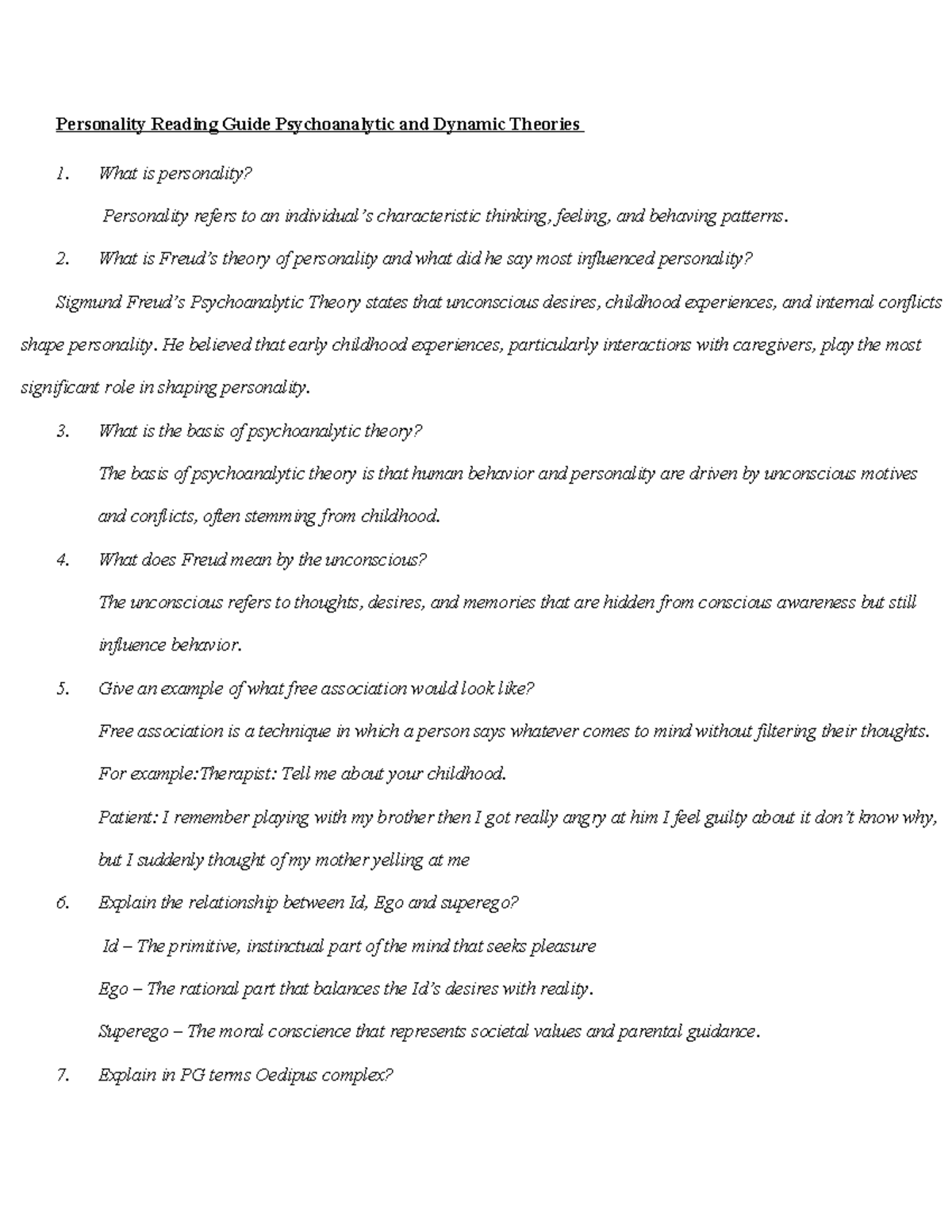 Copy of Personality Reading Guide Psychoanalytic and Dynamic Theories ...