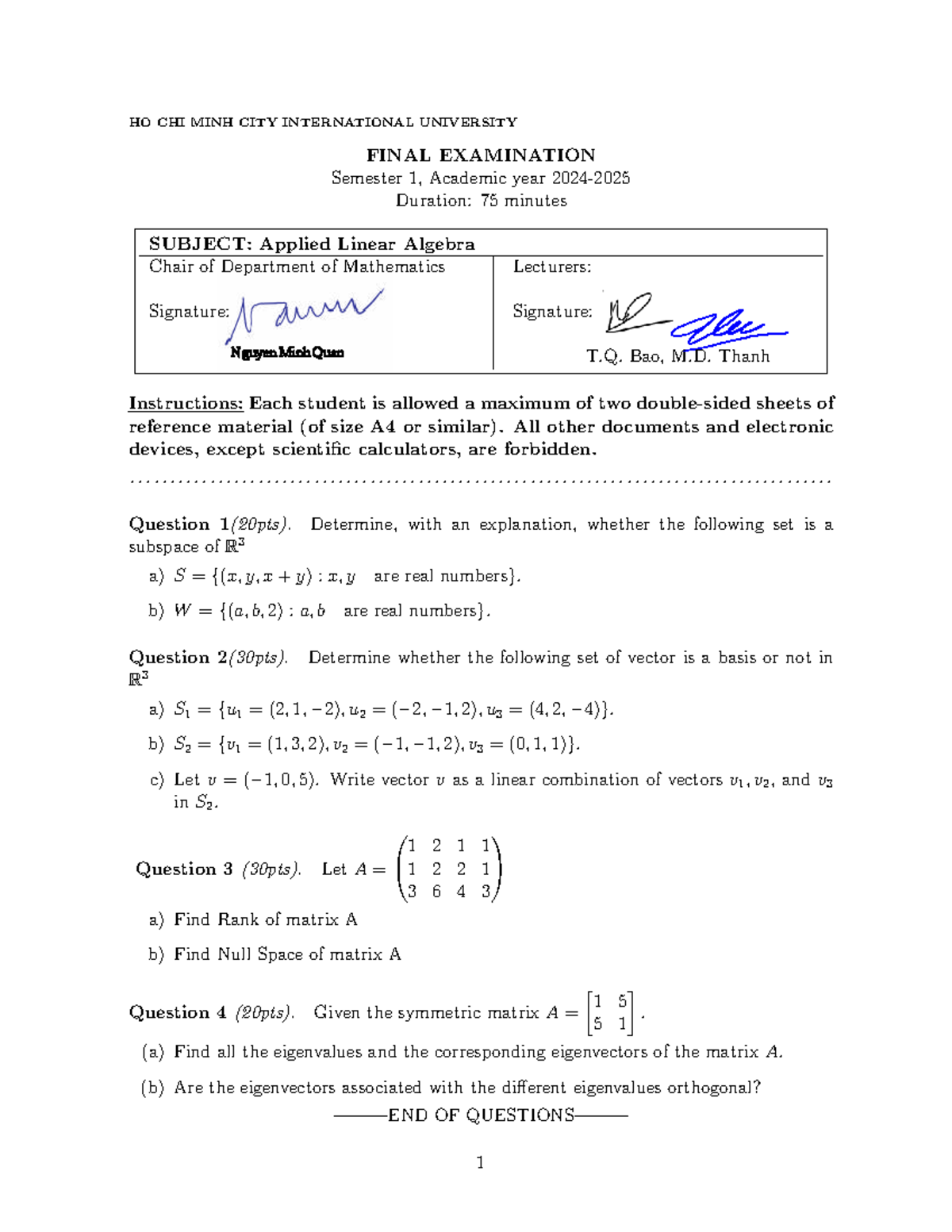 Applied Linear Algebra (ALA) Final Exam - Semester 1, Fall 2024 - Studocu