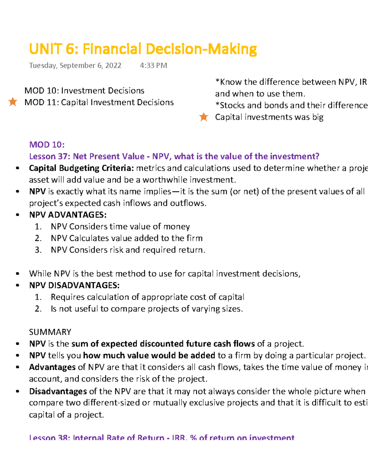 UNIT 6 Financial Decision-Making: NPV, IRR & Capital Investments ...