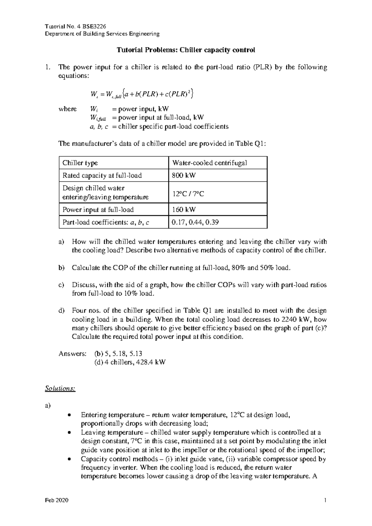 Tutorial No. 4 BSE3226: Chiller Capacity Control Analysis and ...