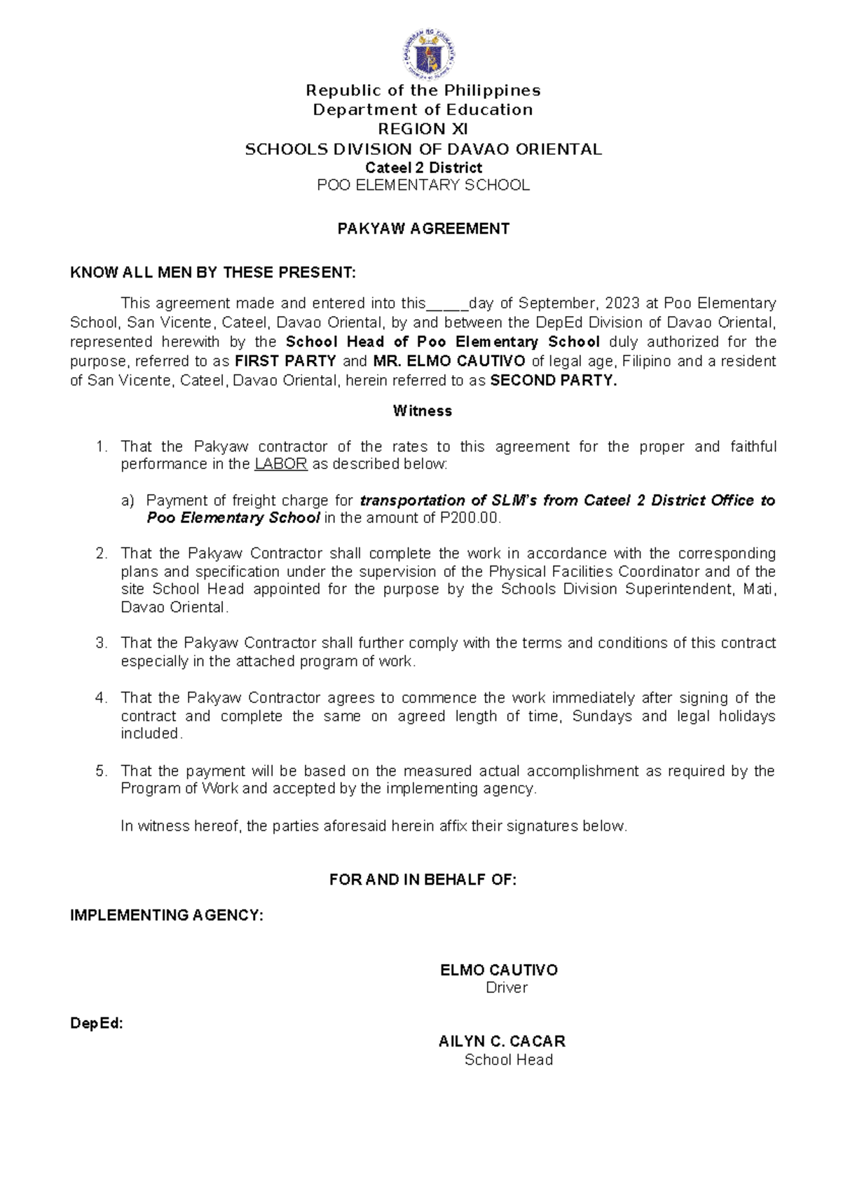 Pakyaw Agreement for Poo and Hulid Elementary Schools - Studocu