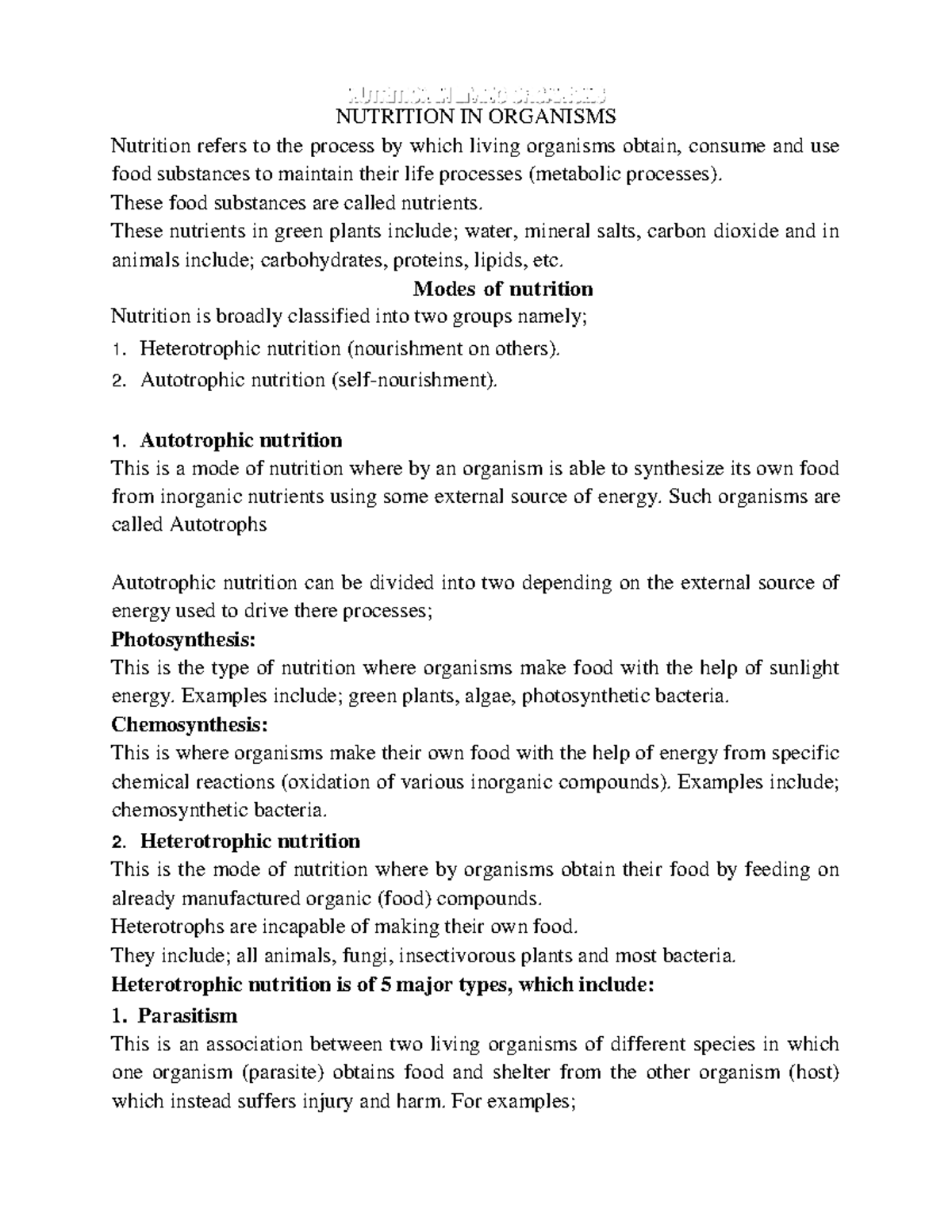 BIO S2 - Nutrition in Organisms: Comprehensive Study Notes - Studocu