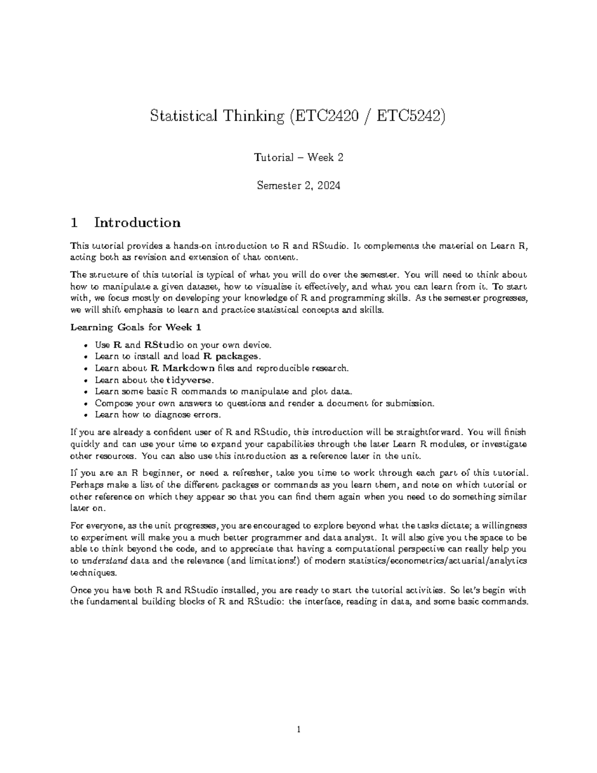 Statistical Thinking (ETC2420 ETC5242) Tutorial Week 2: R & Data ...