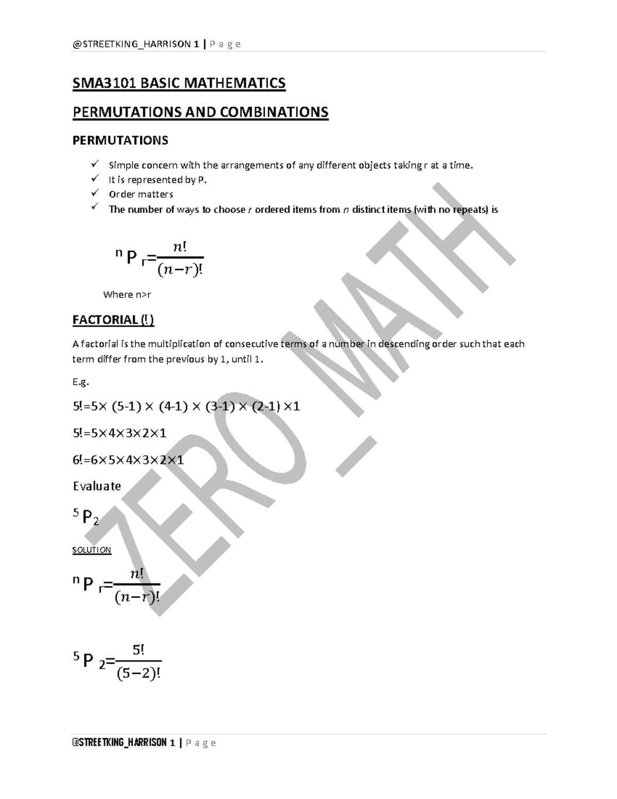 SMA3101 Basic Mathematics: Permutations and Combinations Notes - Studocu