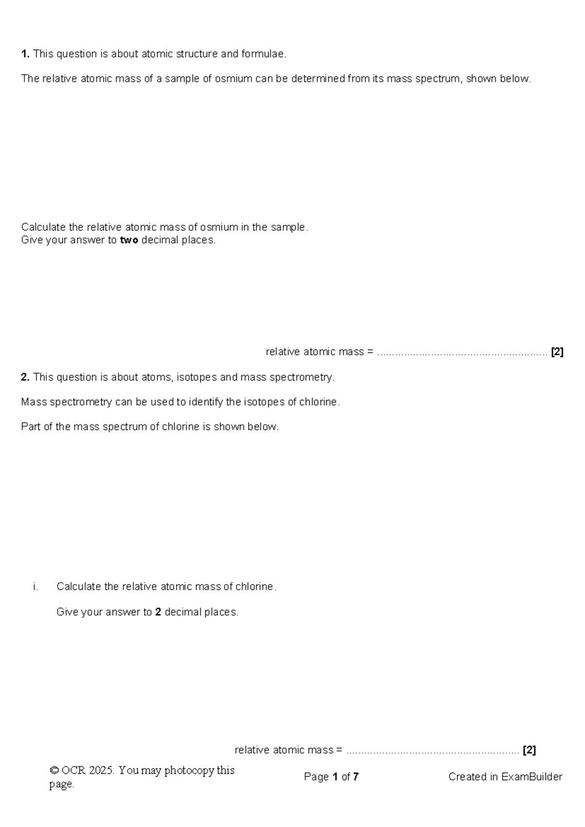 MS PPQ - Atomic Structure & Mass Spectrometry Questions OCR 2025 - Studocu