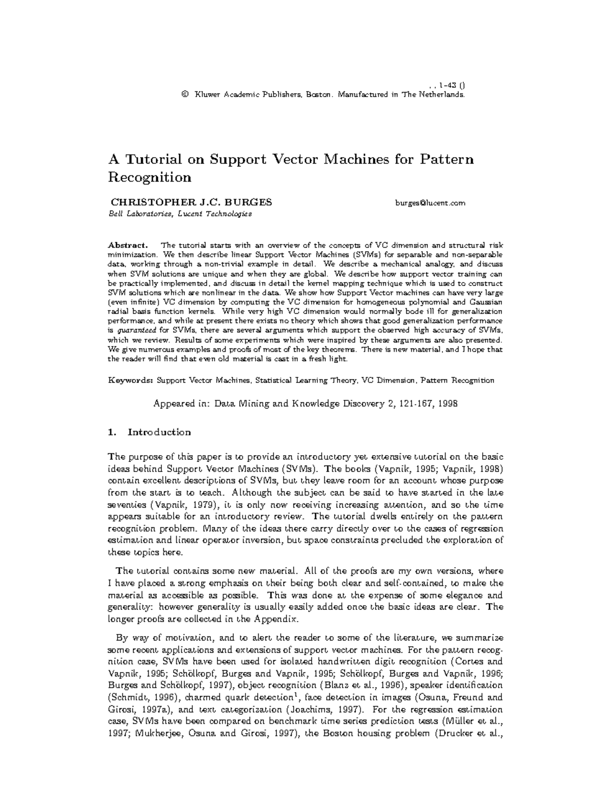 R3 Final Exam Tutorial on Support Vector Machines for Pattern ...