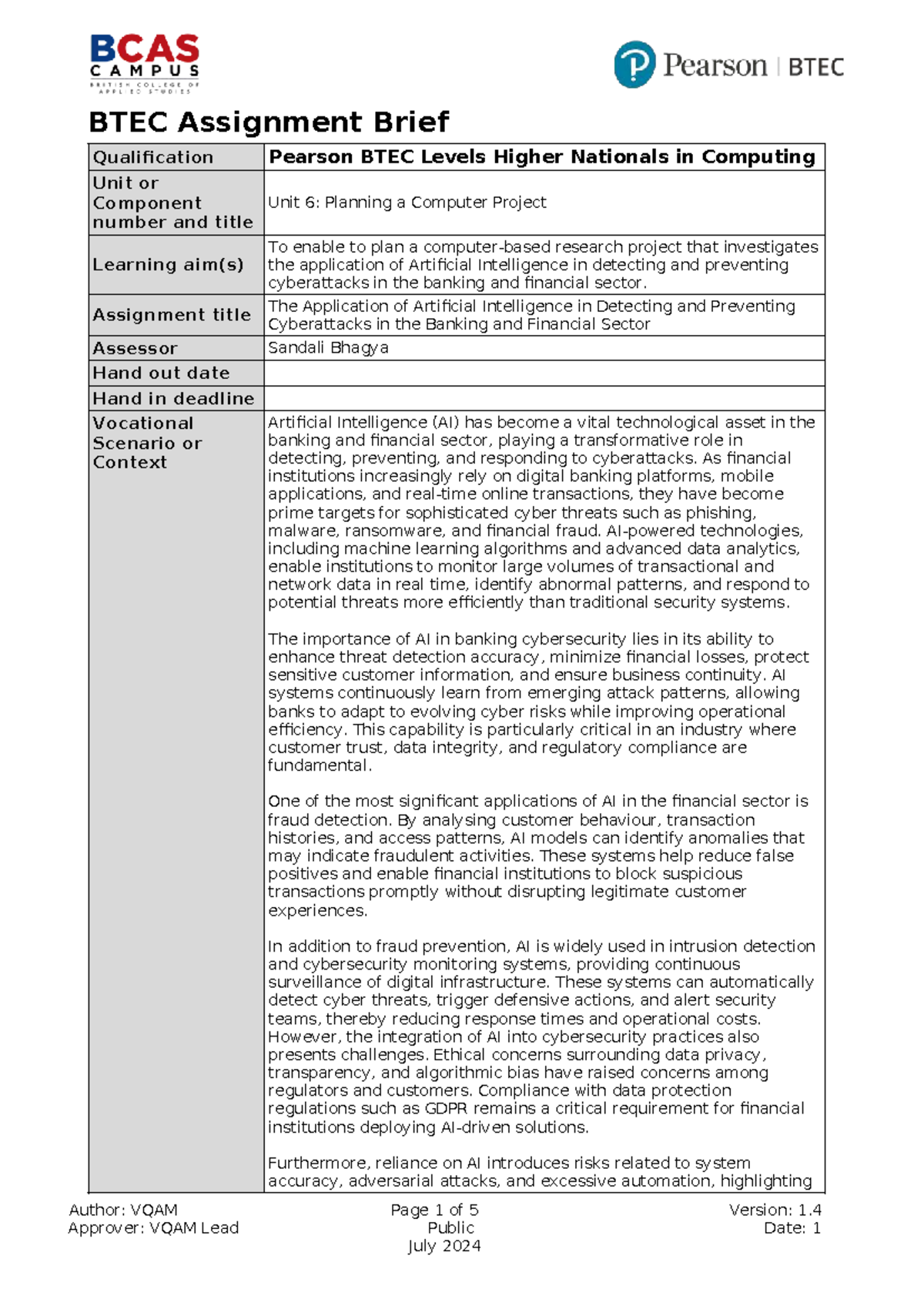 BTEC Assignment Brief: Unit 6 - AI in Cybersecurity for Banking - Studocu