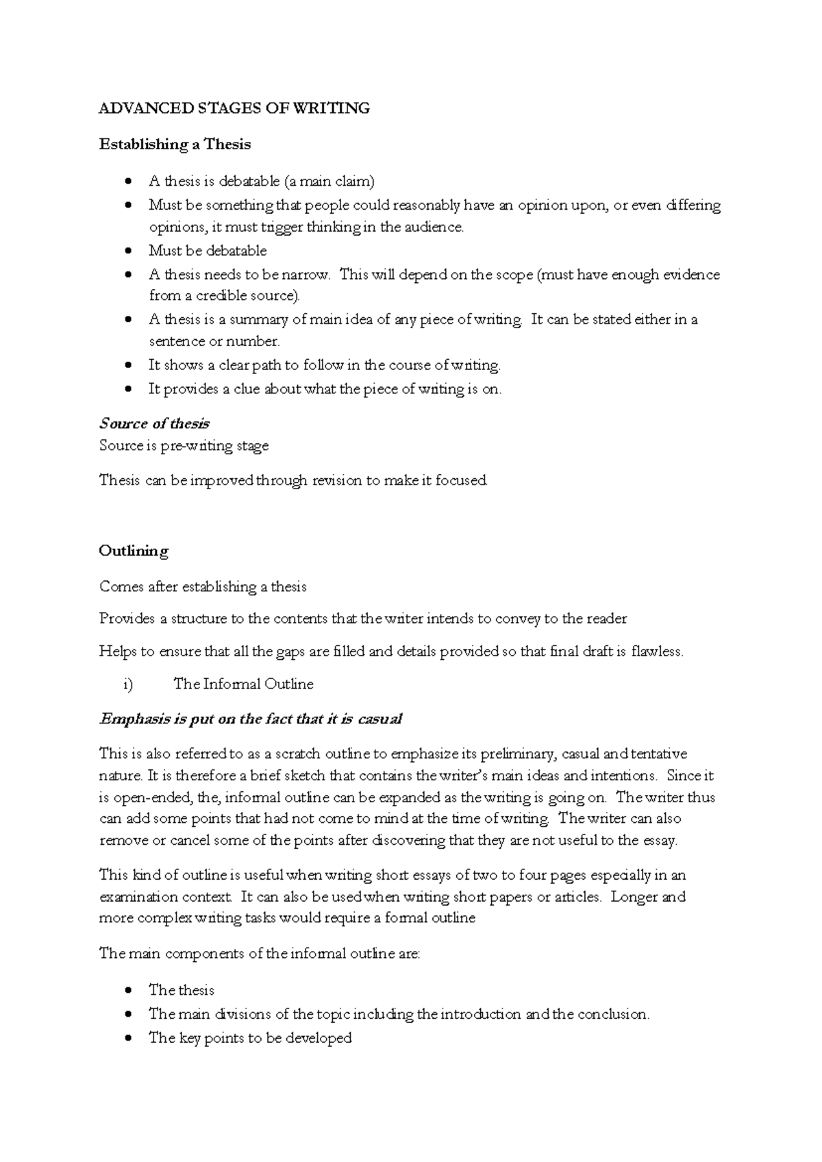 ADVANCED WRITING STAGES: Establishing a Thesis and Outlining - Studocu