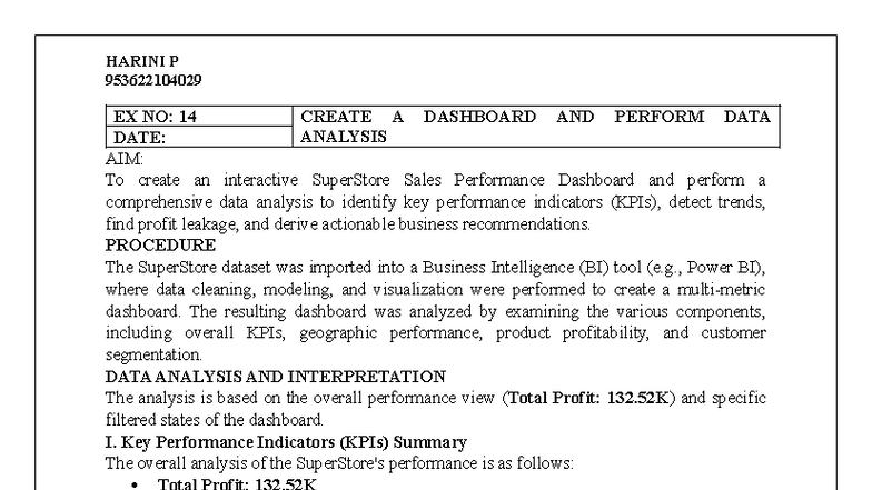 EX NO 14 - SuperStore Sales Dashboard & Data Analysis - Studocu
