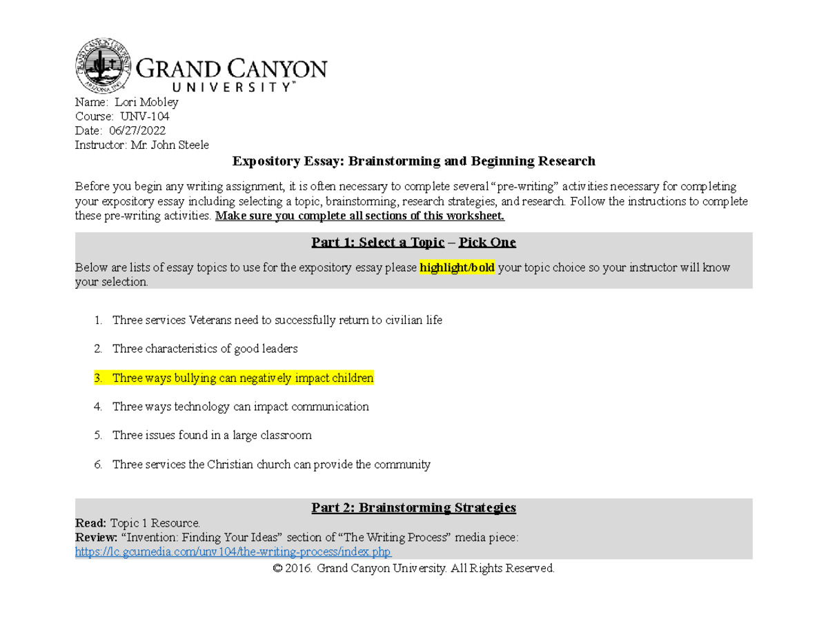 UNV-104 T1 Expository Essay: Brainstorming & Research Strategies ...