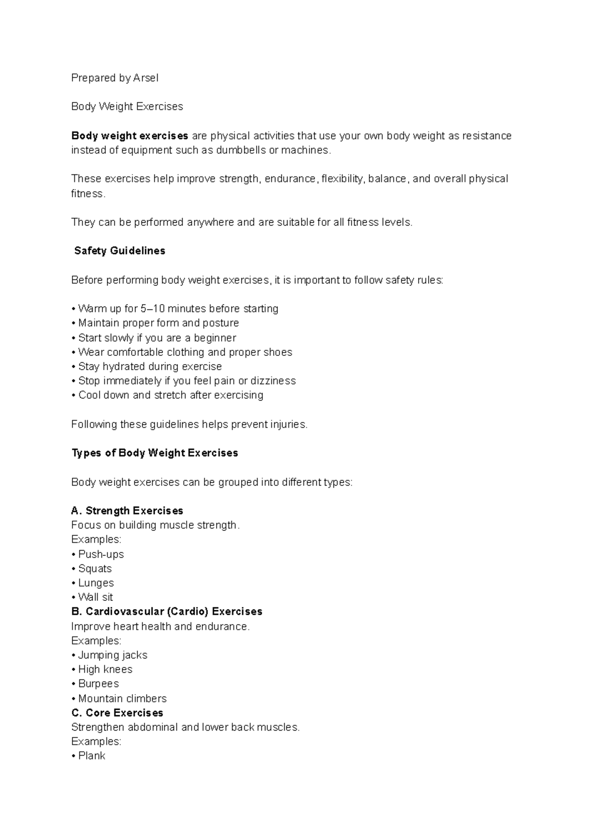Group 4 PF - Essential Body Weight Exercises and Safety Guidelines ...