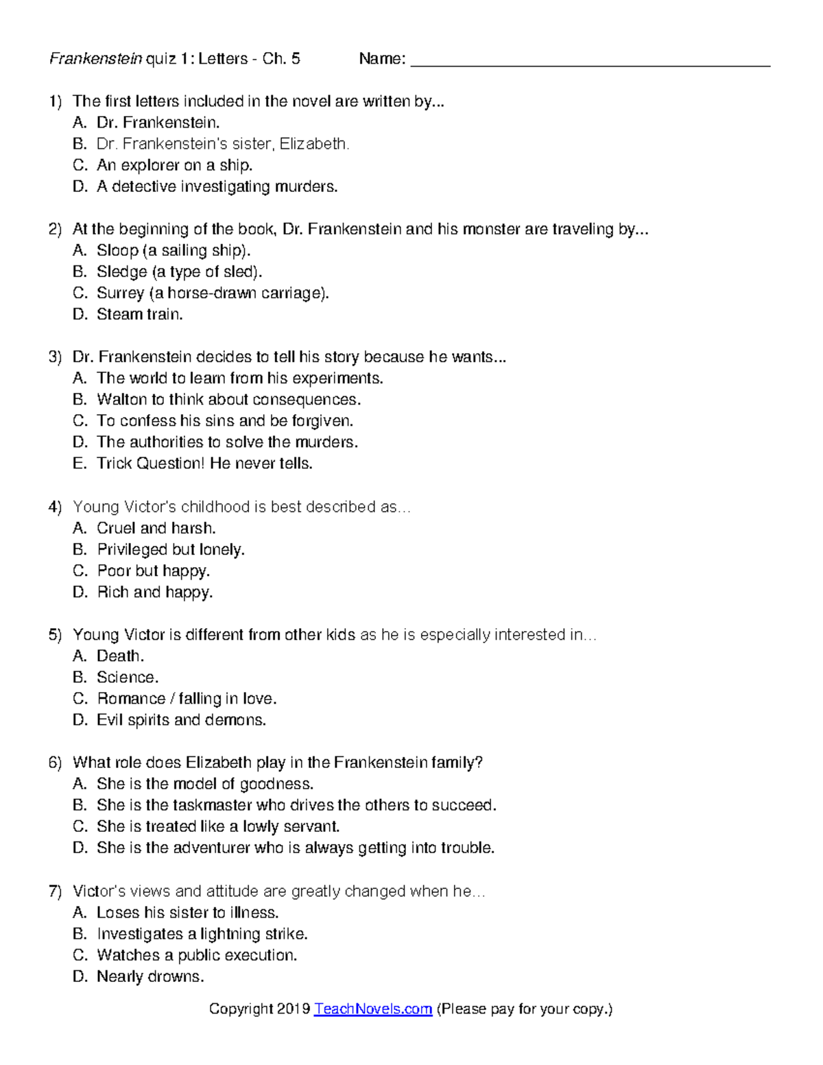 Frankenstein Reading Quizzes (list view) - Frankenstein quiz 1: Letters ...