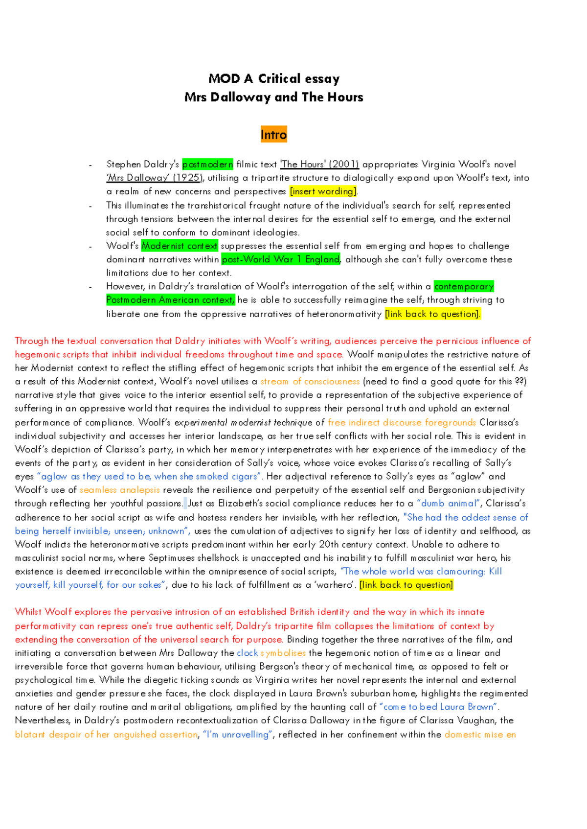 Final Mod A Essay: Exploring Self in Mrs Dalloway & The Hours - Studocu