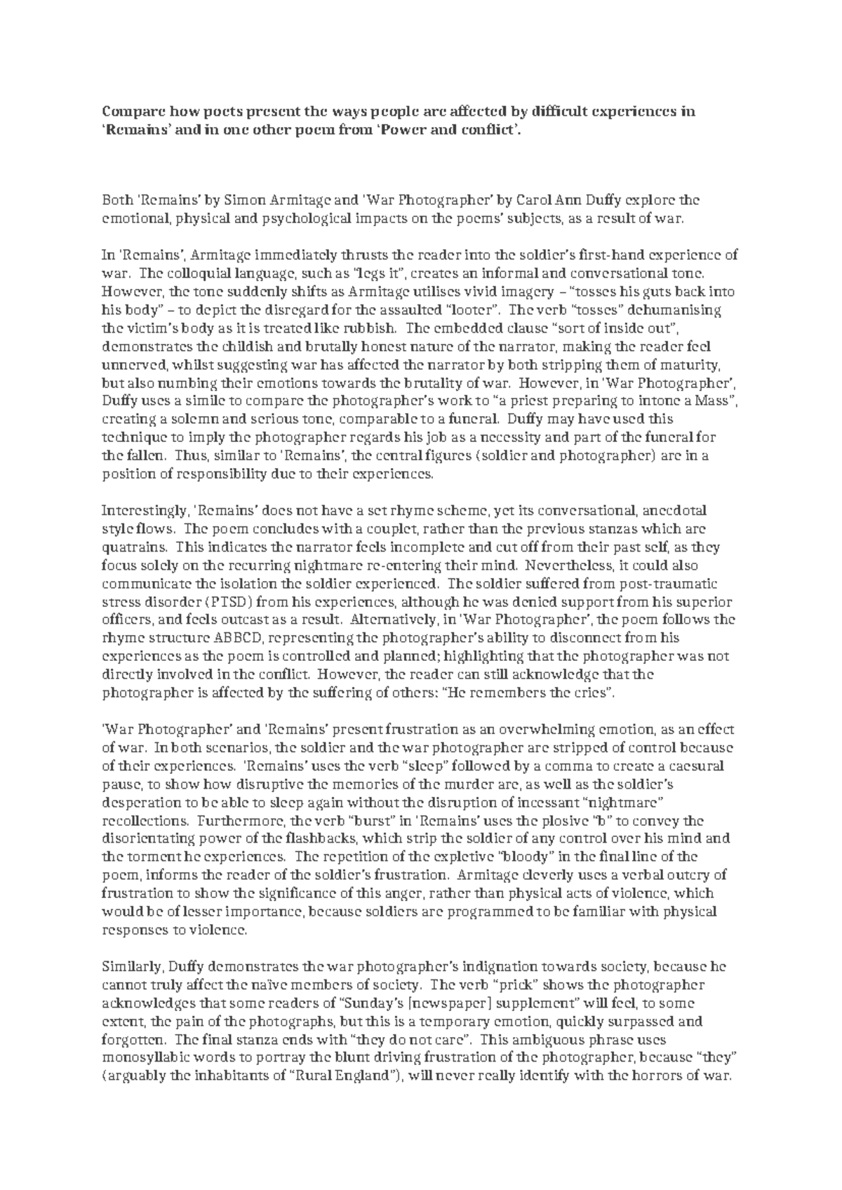 War and Conflict: Unseen Poetry Essay Analysis - Studocu