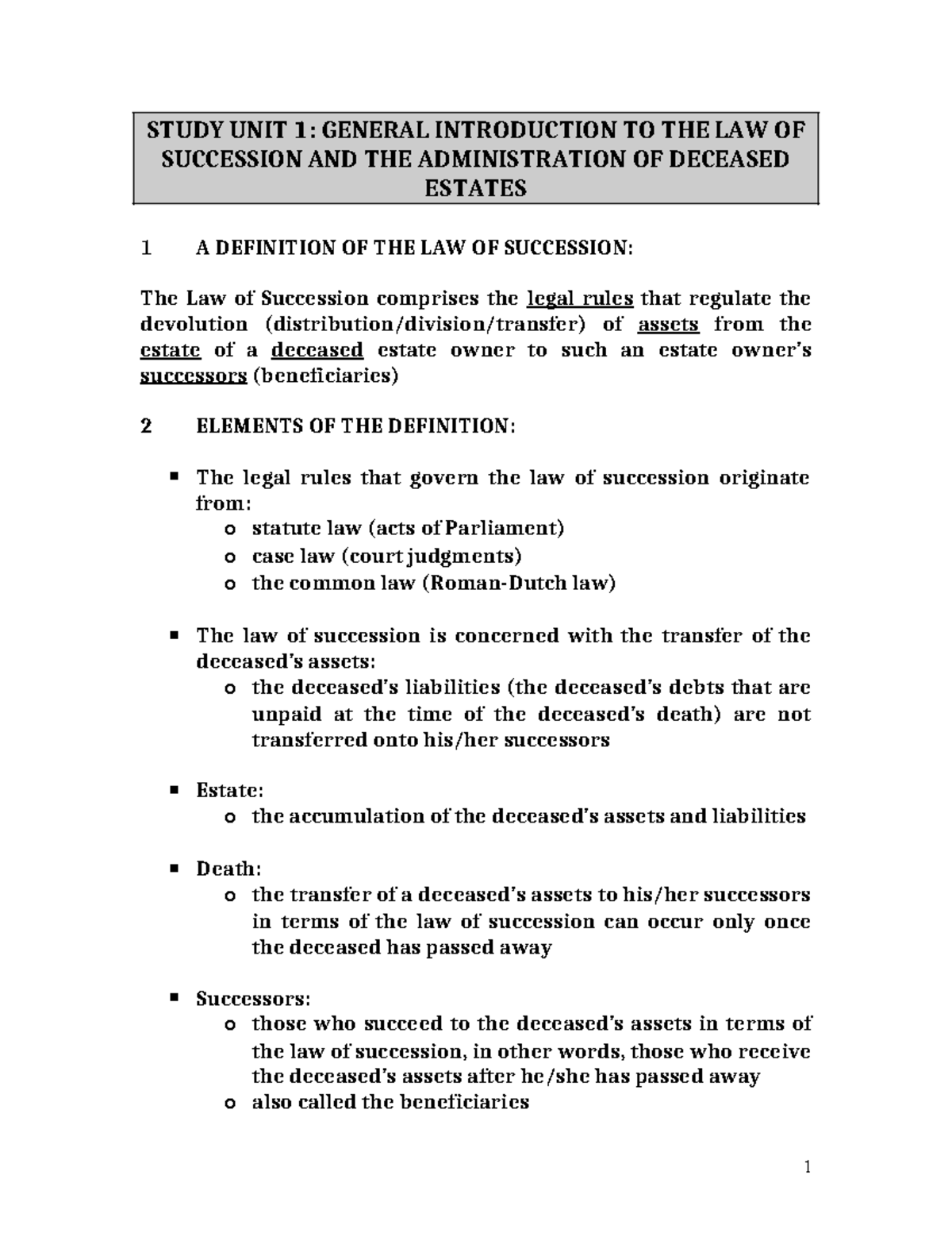 LAW OF SUCCESSION: STUDY UNIT 1 - INTRODUCTION TO DECEASED ESTATES ...