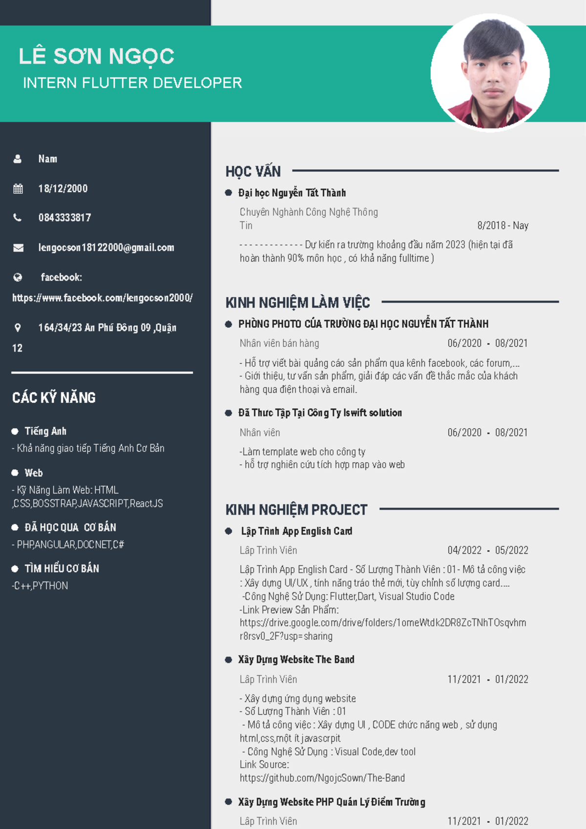 Intern Flutter Developer Resume - Le Ngoc Son Overview - Studocu