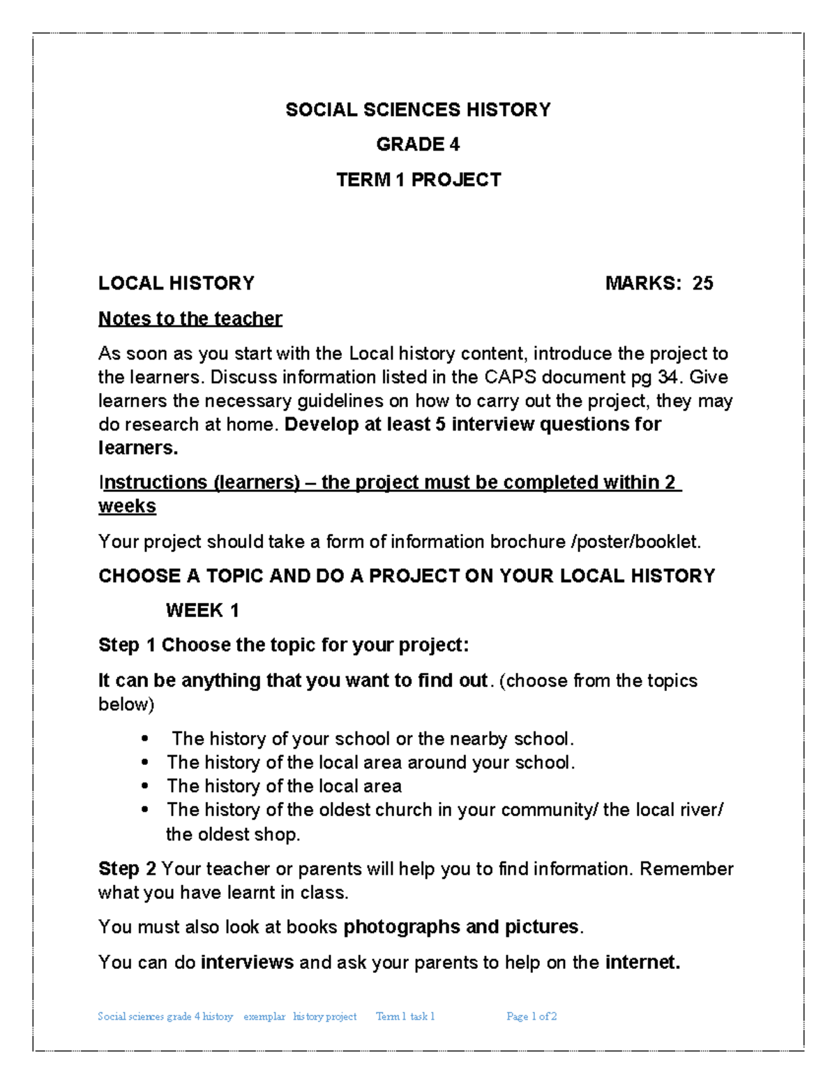 Grade 4 Social Sciences Term 1 Project: Local History Guide - Studocu