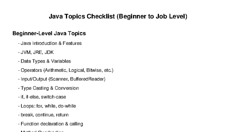 Java Topics Checklist (Beginner to Job Level) - Studocu