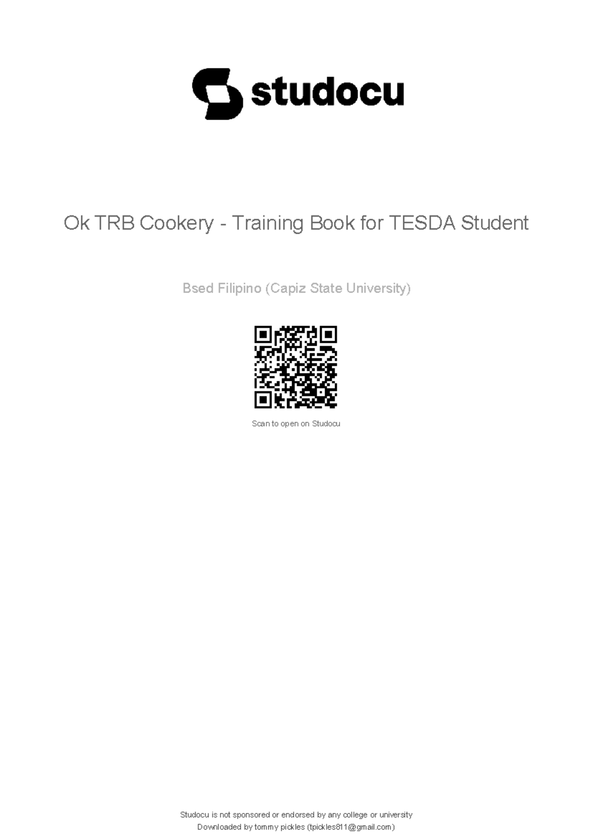 TRB Cookery Training Notes for TESDA NC II Students - Studocu