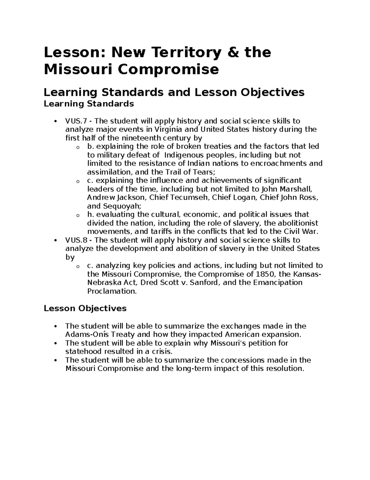 Lesson: New Territory and the Missouri Compromise Overview (VUS.7 & VUS ...