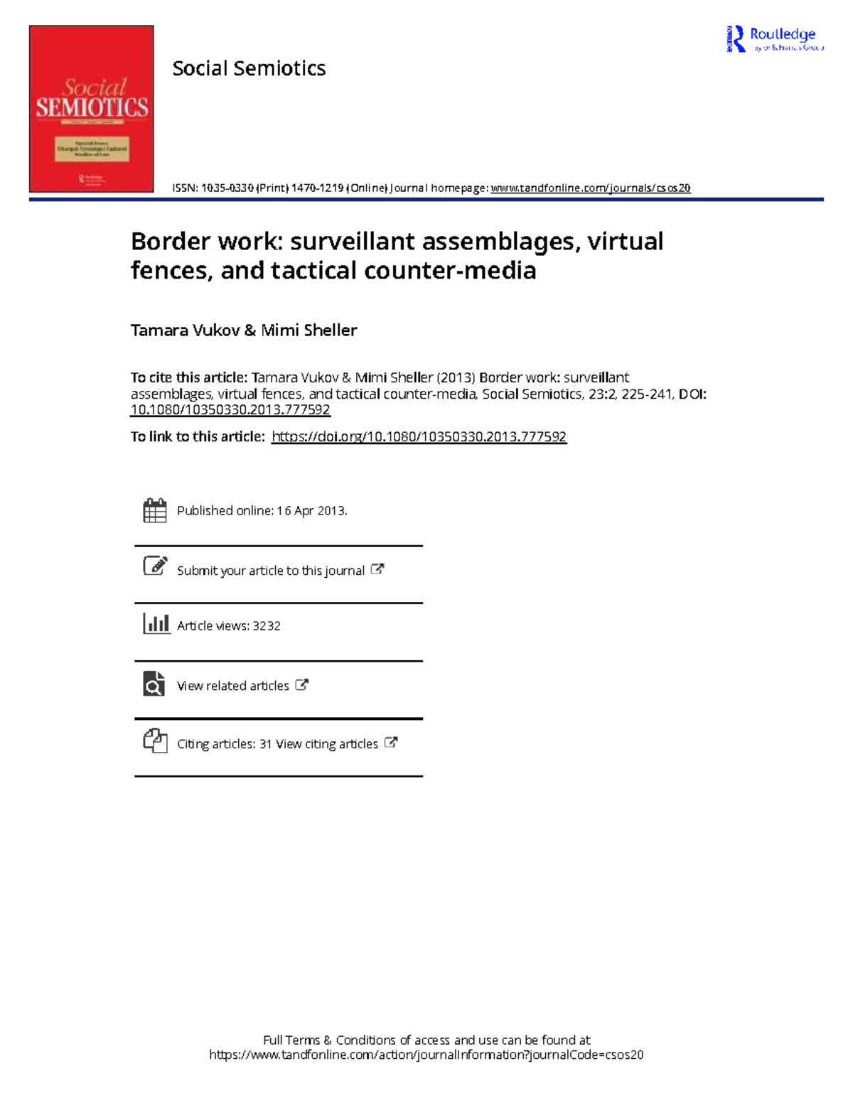Border Work: Surveillance Assemblages & Tactical Media Strategies (SS ...
