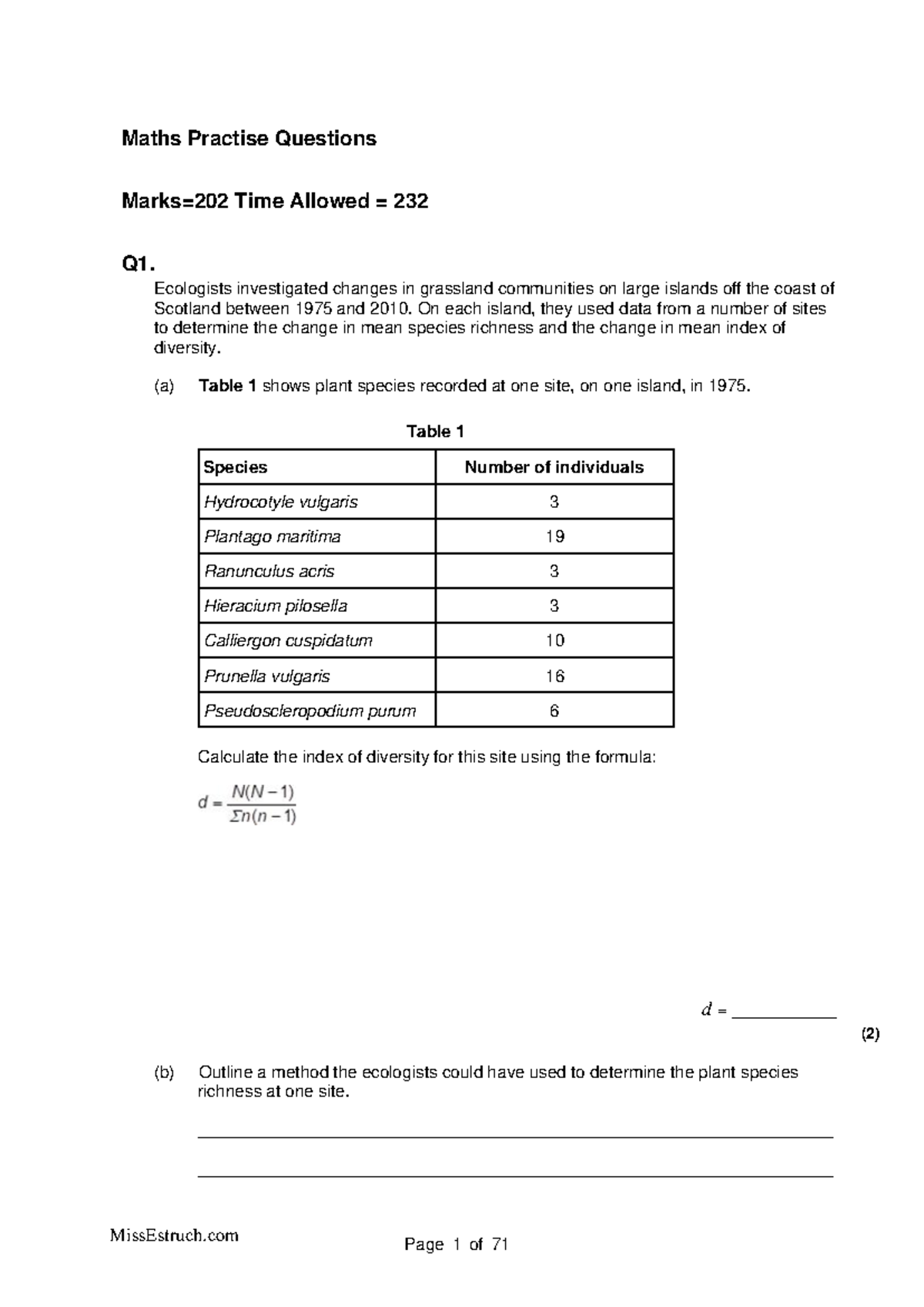 Maths Skills Practice Questions - Ecological and Biological ...
