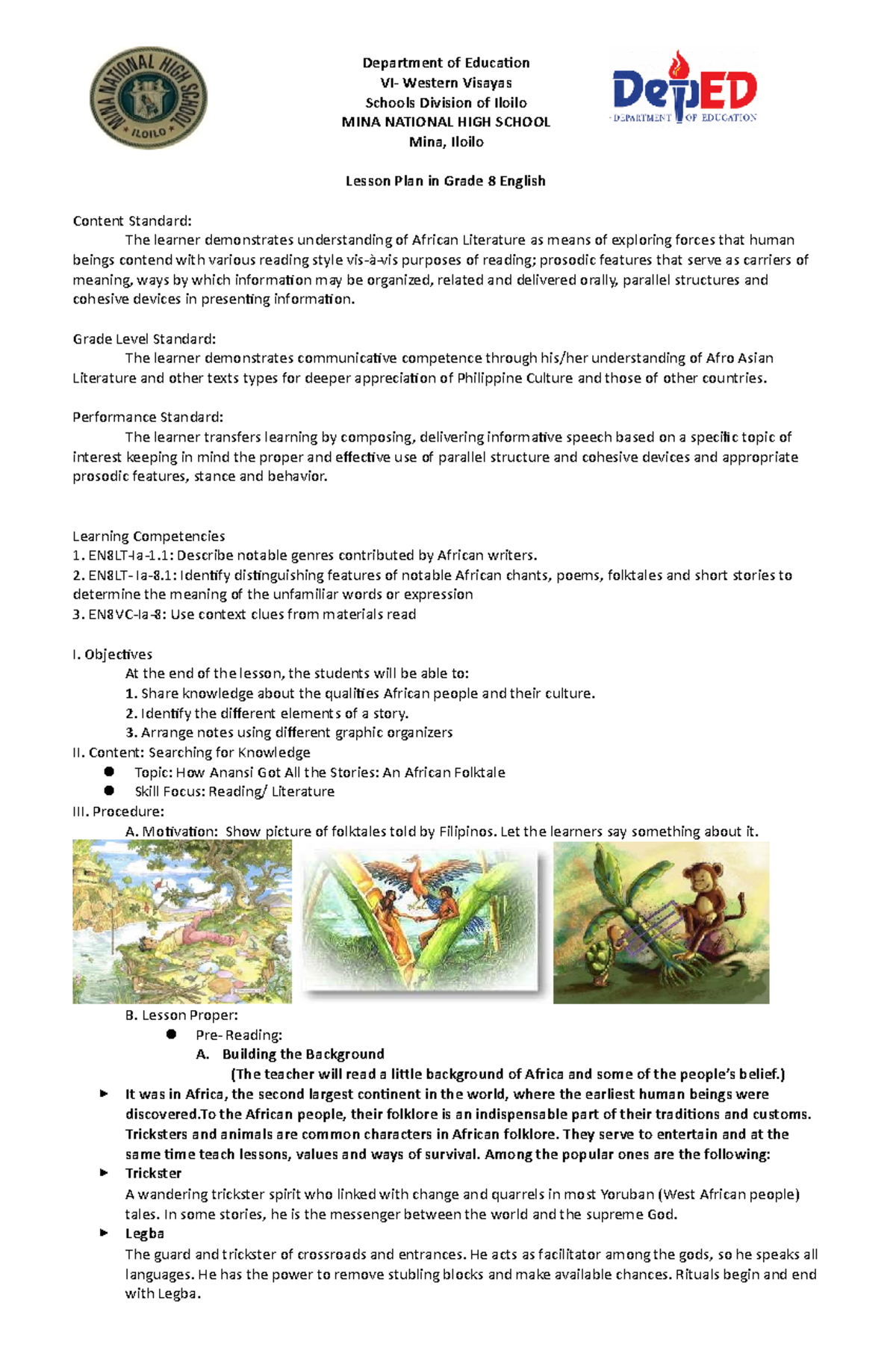 Grade 8 English Lesson Plan: Exploring African Literature and Folktales ...