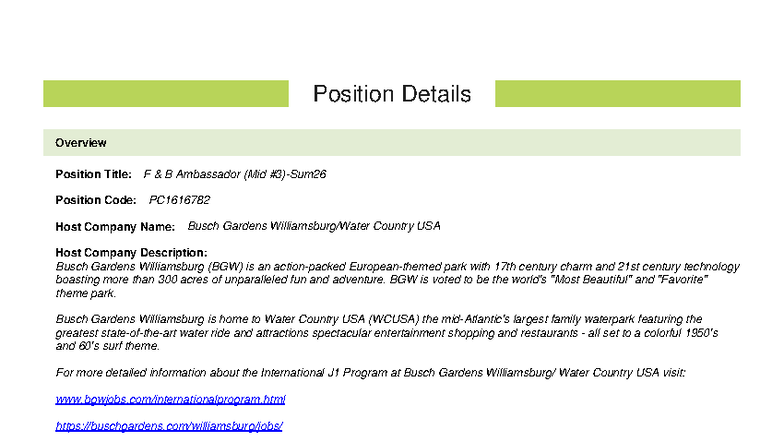 PC1616782 - F&B Ambassador Position Overview at Busch Gardens - Studocu