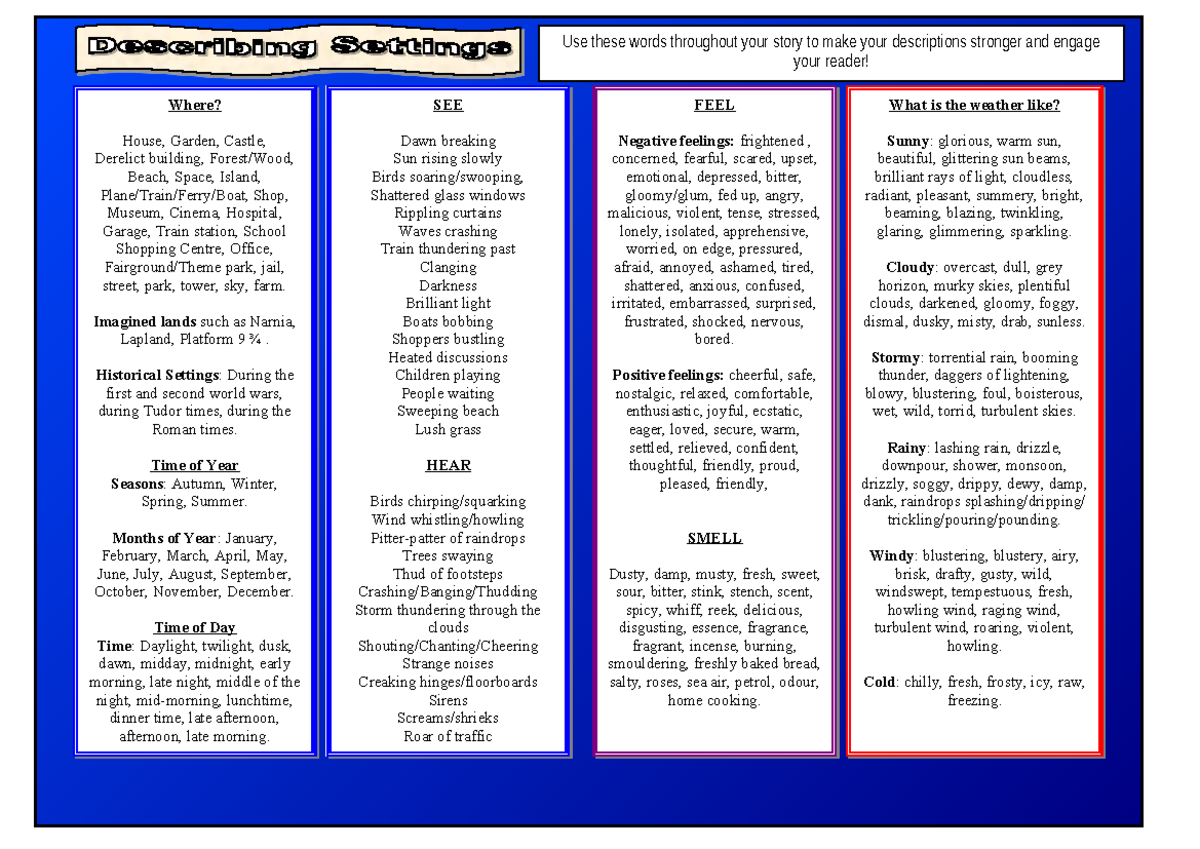 Describing Setting Wordmat for Creative Writing (ENG101) - Studocu
