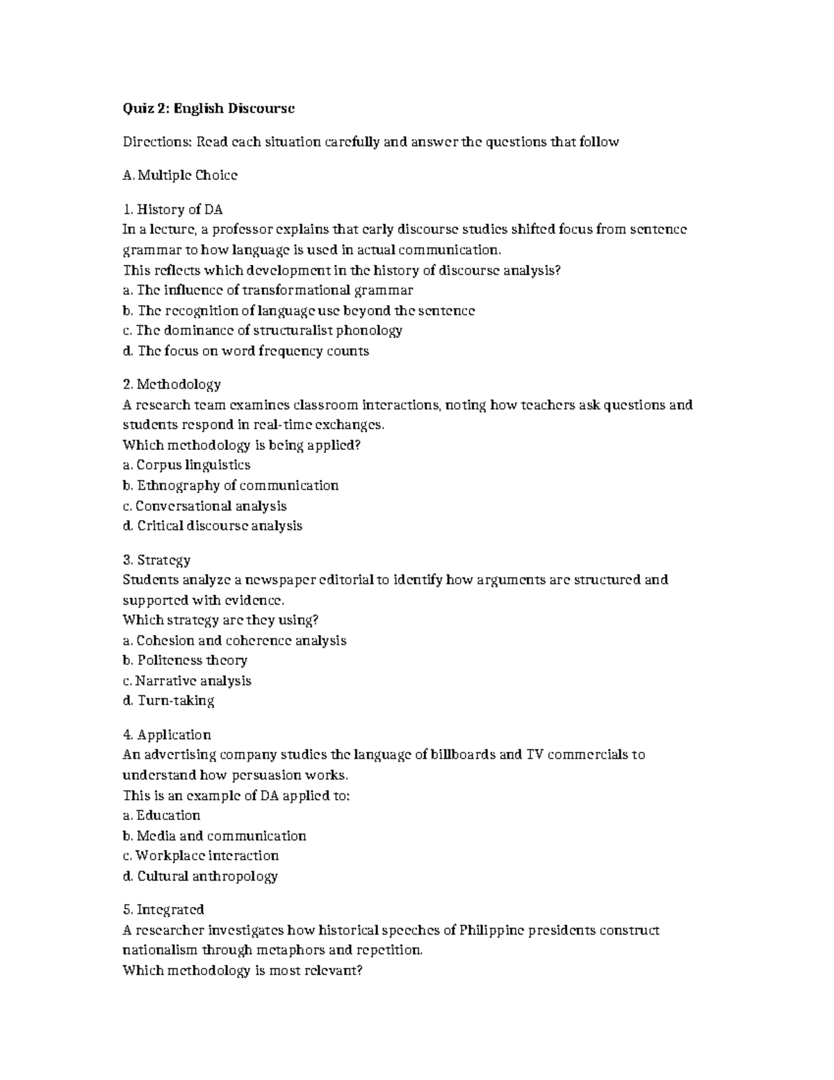 Quiz 2: Discourse Analysis Worksheet for English Course - Studocu