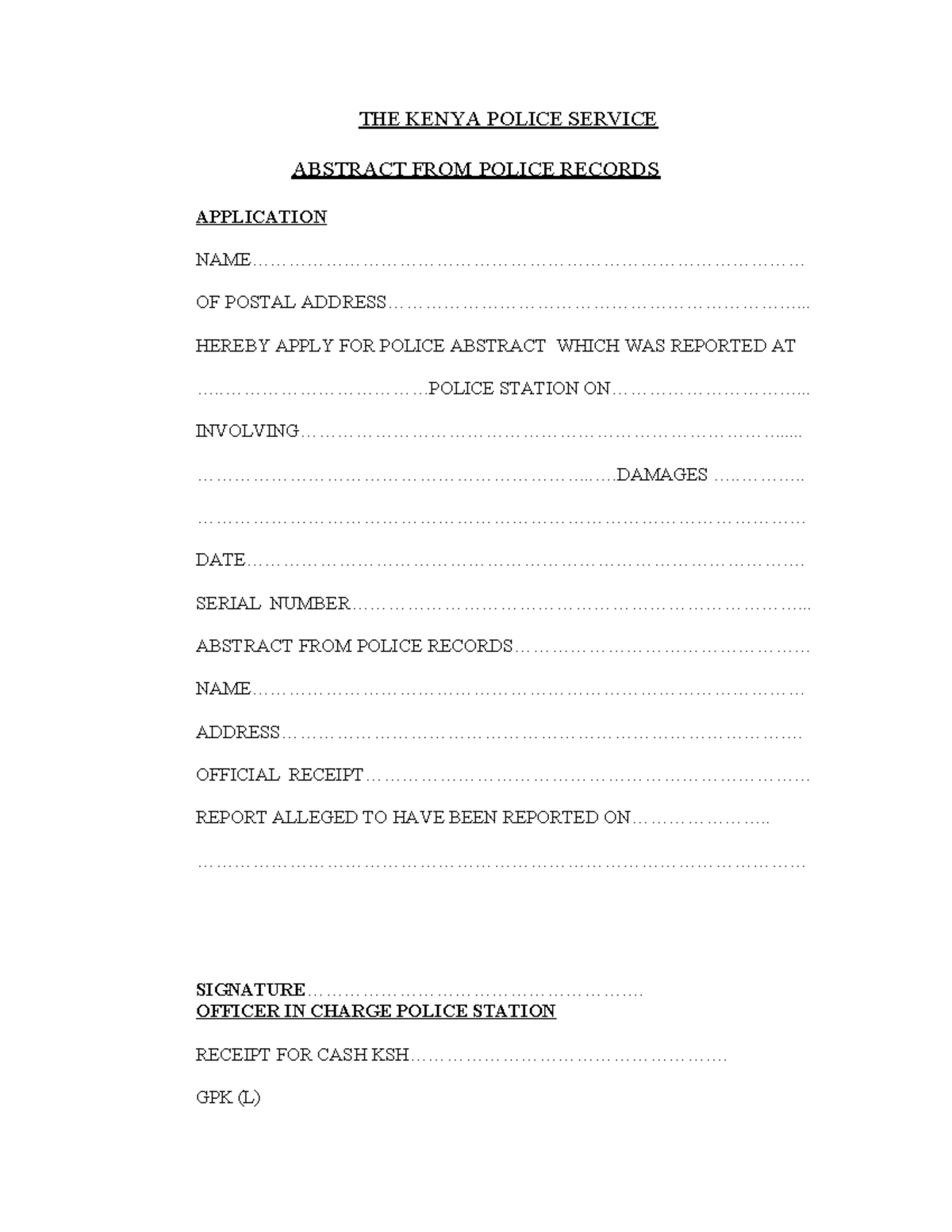 Abstract form - simple - THE KENYA POLICE SERVICE ABSTRACT FROM POLICE ...