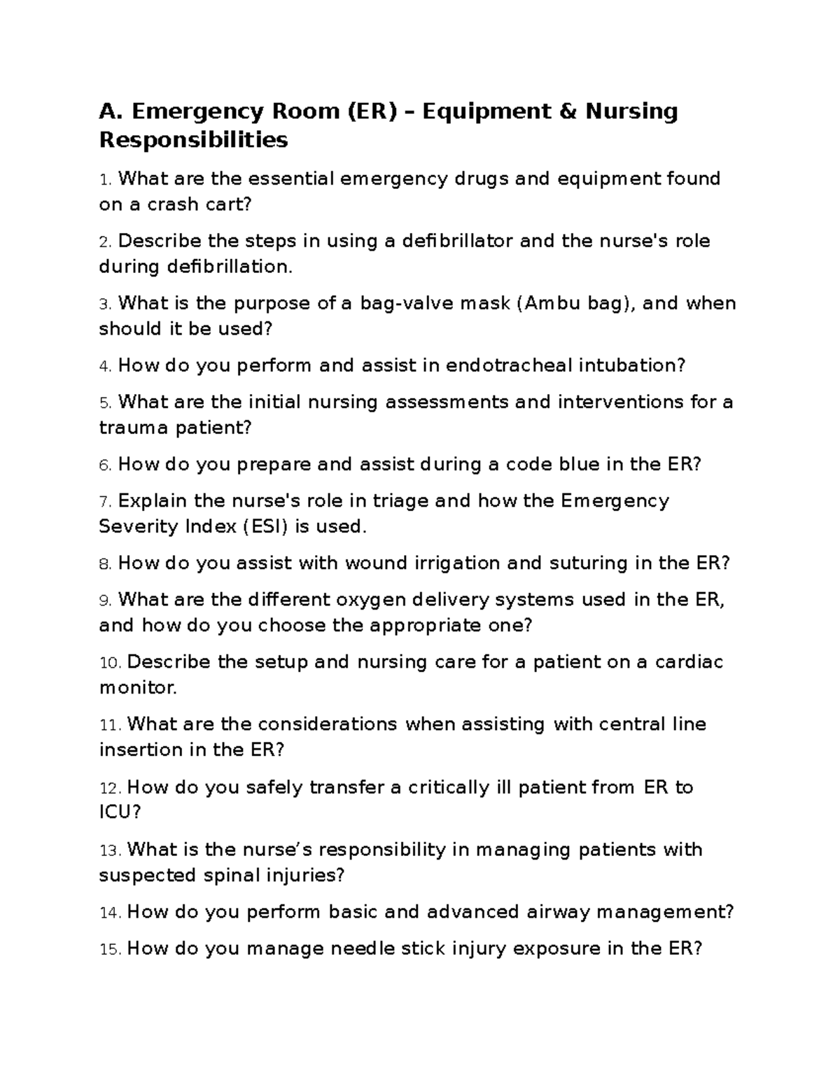 Emergency Room (ER) Equipment & Nursing Responsibilities Guide - Studocu