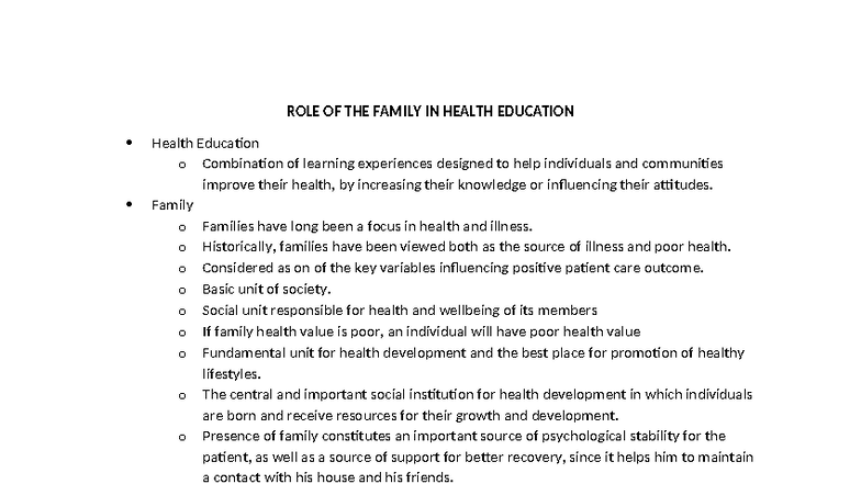 ROLE OF THE FAMILY IN HEALTH EDUCATION: Key Insights and Impacts - Studocu