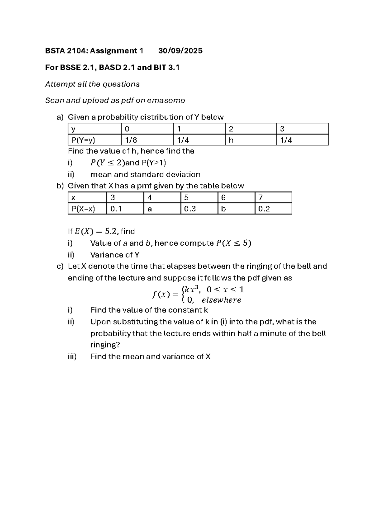 BSTA 2104: Probability & Statistics Assignment 1 for BSSE 2.1, BASD 2.1, BIT 3.1 - Studocu